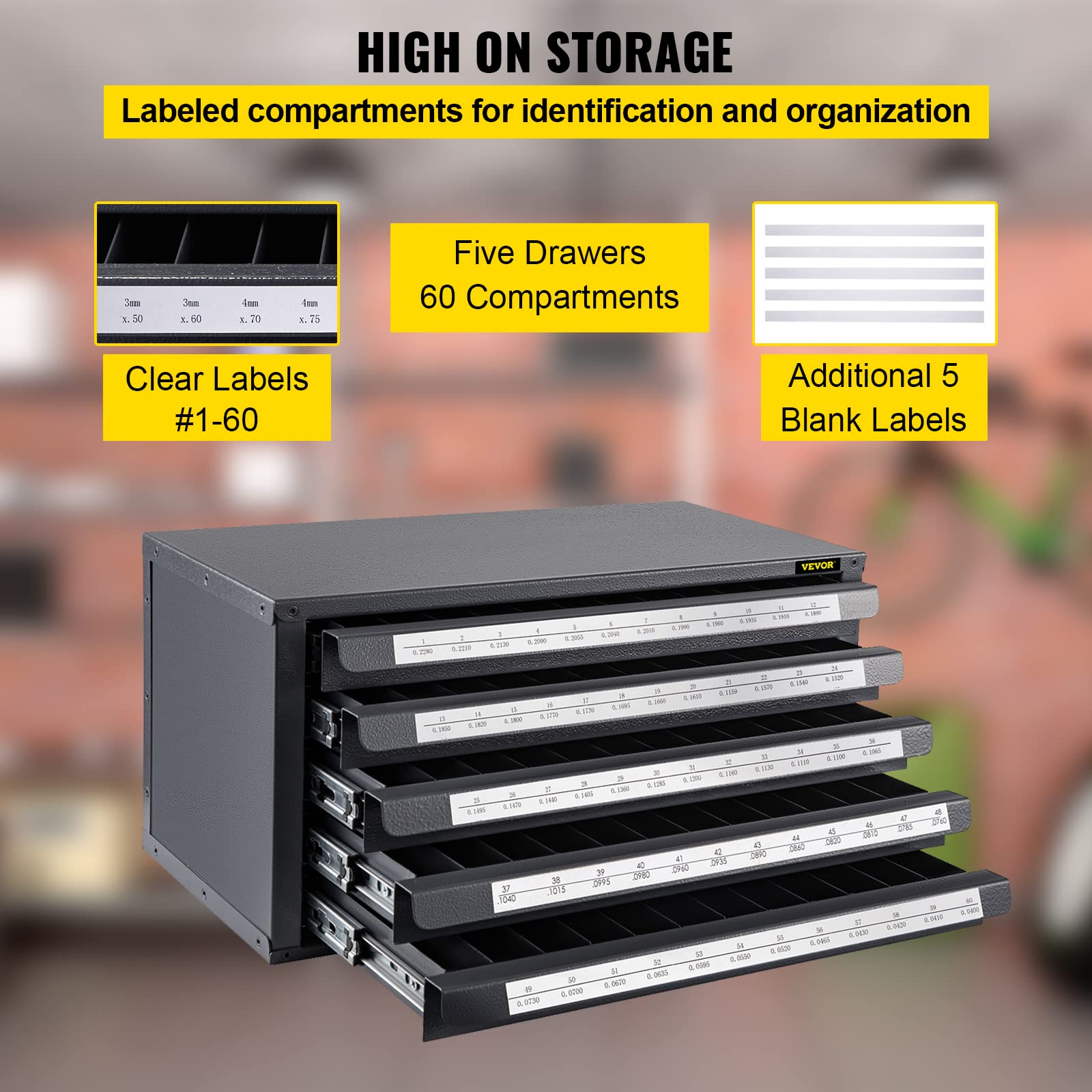 VEVOR Drill Bit Dispenser Cabinet, Five-Drawer Drill Bit Dispenser, 60-Compartment Drill Bit Organizer Cabinet, Drill Dispenser Organizer Cabinet Holder for Jobber Length Wire Gauge Sizes #1 to #60