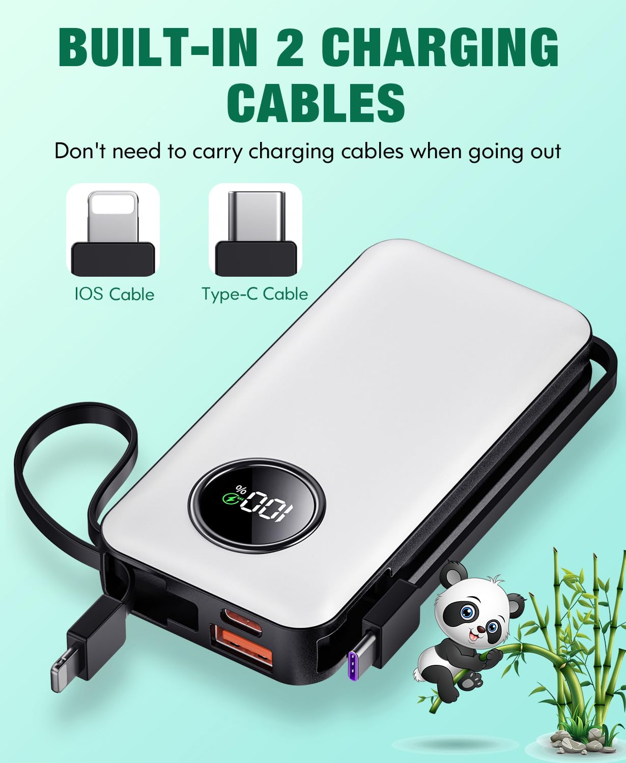 Portable-Charger-Power-Bank - 15000mAh PD 30W Power Bank, Built in Type-C(30W) and iOS(20W) Output Cables LED Display for iPhone and Android Phones and Most Electronic Devices