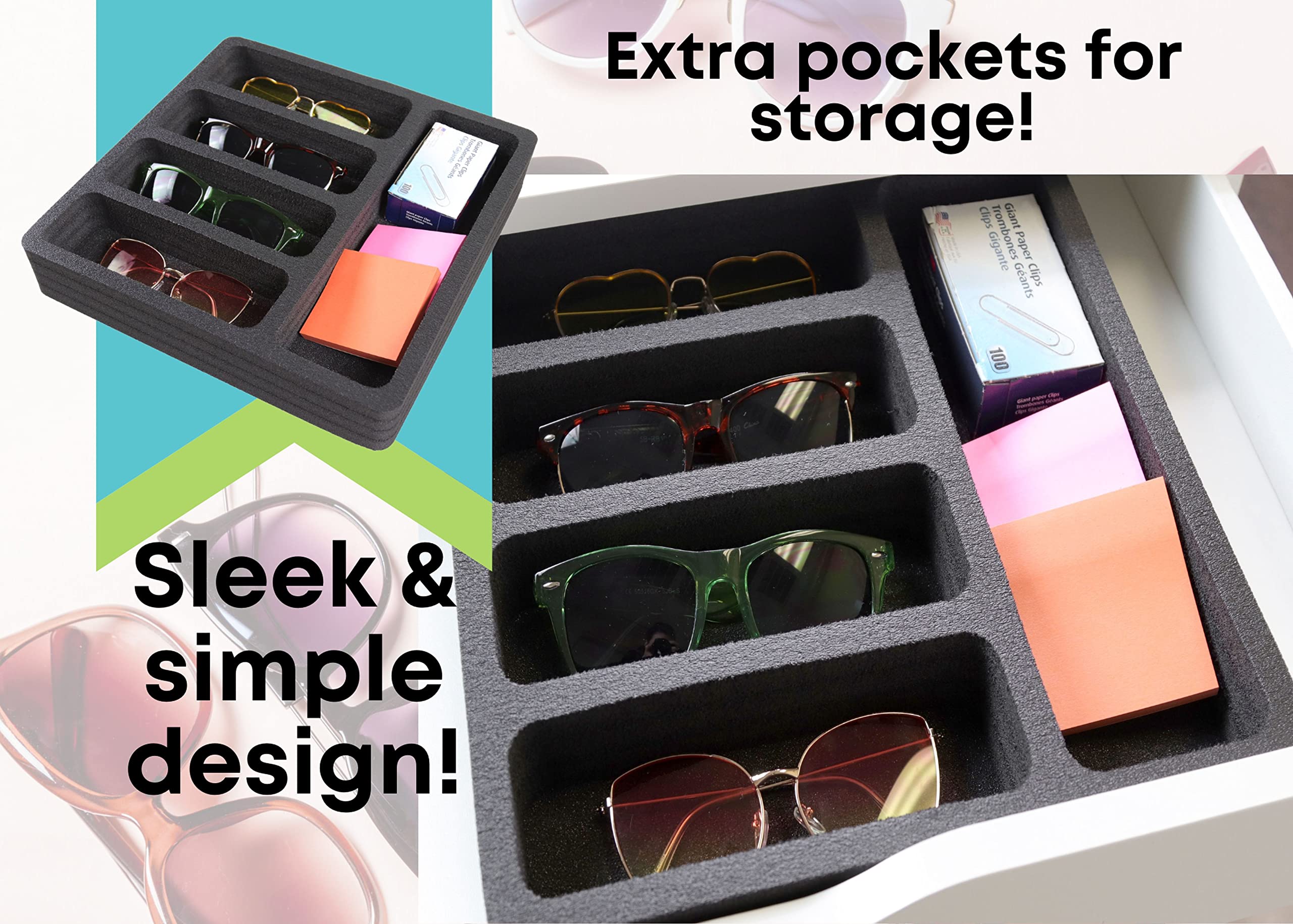 Polar Whale Sunglasses Drawer Organizer Tray Insert for Home Bedroom Bathroom Vanity Dresser Counter Table Waterproof Washable Black Foam 5 Compartment 12 x 12 Inches