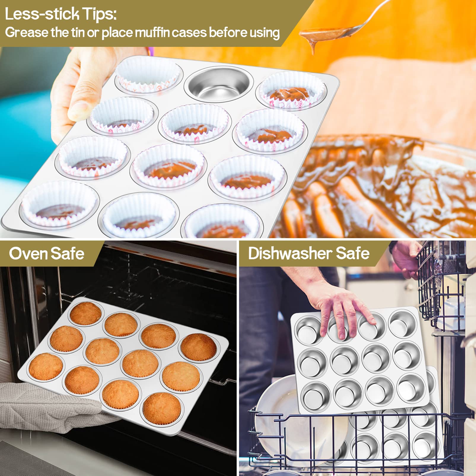 TeamFar 12-Cup Muffin Pan, Stainless Steel Cupcake Pans Muffin Tin Set for Oven Baking Mini Brownies Quiches Tarts, Non Toxic & Regular Size, Dishwasher Safe β Set of 2