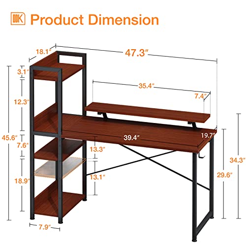 ODK Computer Desk with Storage Shelves 47 inch Home Office Desk with Hutch Bookshelf Reversible Sturdy Writing Table Modern Simple Style,Teak