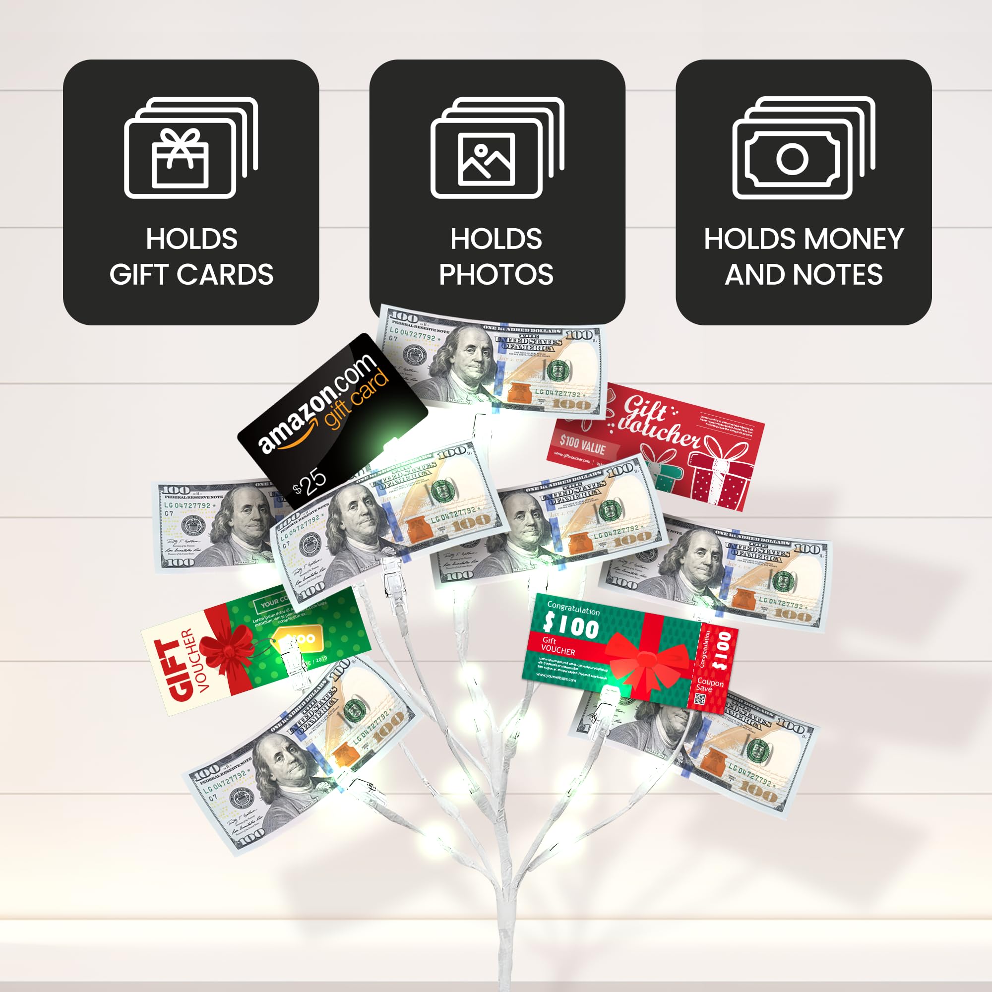 MEIN SCHATZ Money Tree Gift Card Holder with 10 Clips & LED Lighted Tips - White Money Tree Gift Holder for Cash - Ideal Present for Wedding, Birthday, Easter & Christmas - Photo & Gift Card Tree