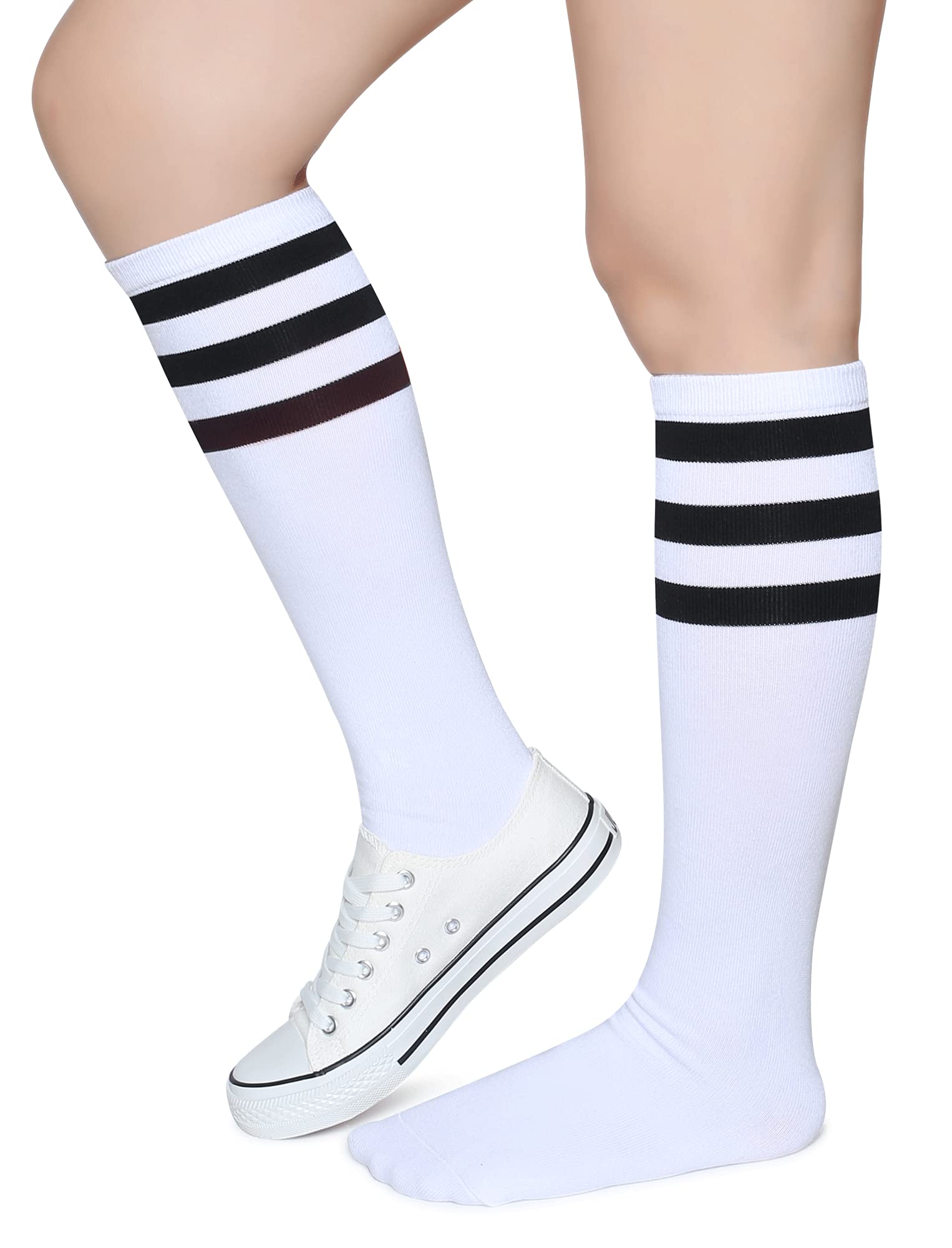 Pareberry Casual Cotton Solid & Triple Stripe Colors Knee High Tube Socks-3 Pairs (A05-(Black+White+Light Gray))