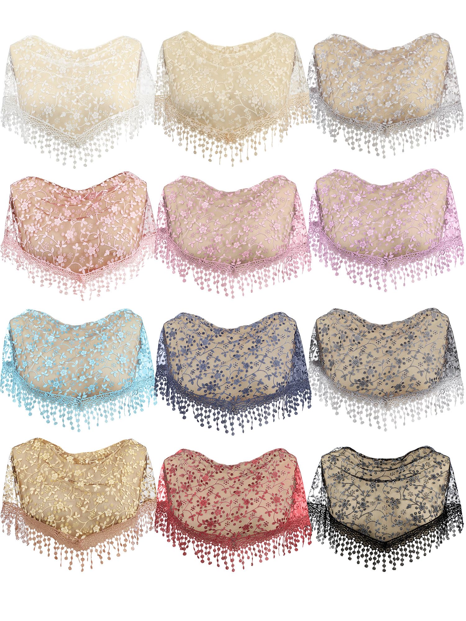 Zhanmai 12 Pcs Veils for Church Catholic Mass Veils for Women Catholic Lace Triangle Lace Mantilla Floral Tulle Scarf Covering (Vibrant Color)