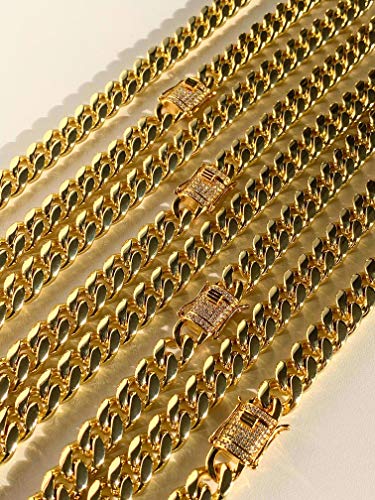 Miami Cuban Link Chain Choker Necklace CZ diamond Lock Real Solid 14K Gold Finish Stainless Steel, Cuban Choker, Cuban necklace, Gold Cuban Chain, 12mm Miami Cuban Link Chain (20)