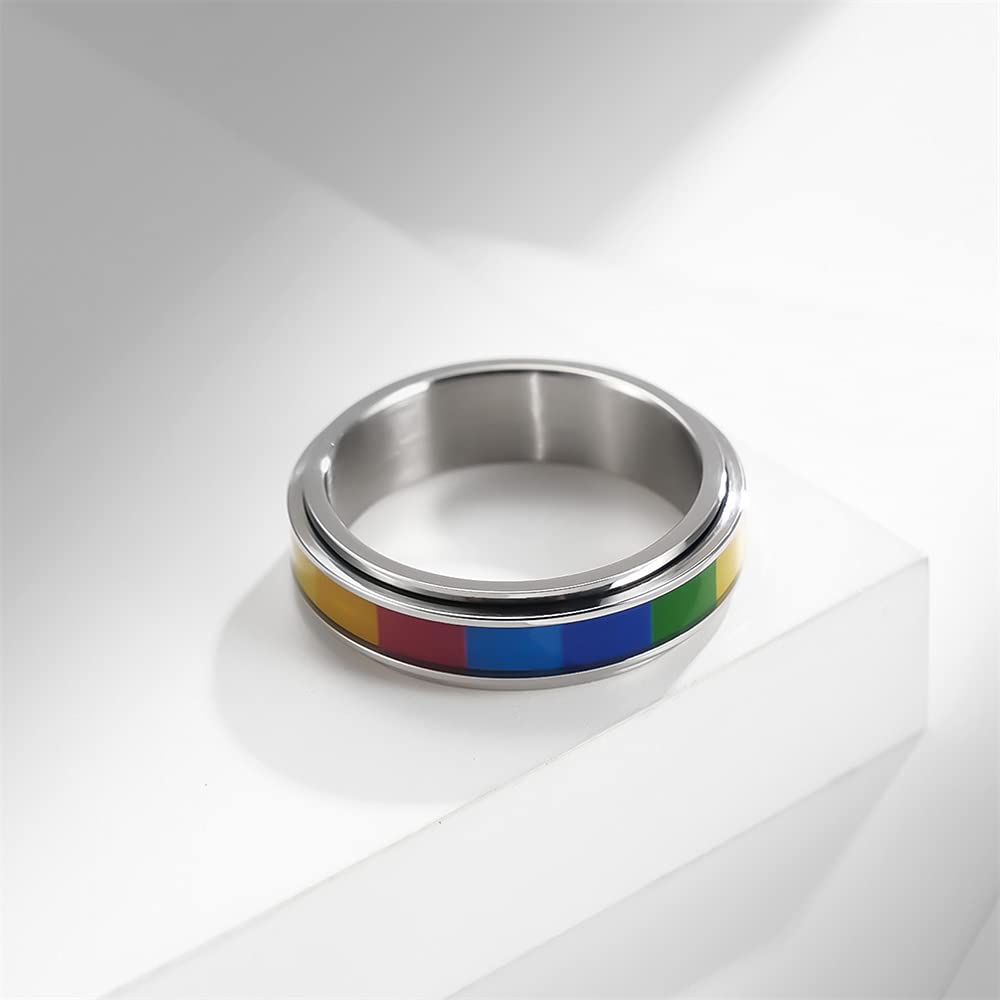 Rotatable Square Rainbow LGBT Pride Band Ring for Women Men Couples Anti Anxiety Stress Relief Fidget Spinner Ring Stainless Steel Love Is Love Statement Knuckle Ring Boyfriend Girlfriend Xmas New Year Gifts (Silver, 9)