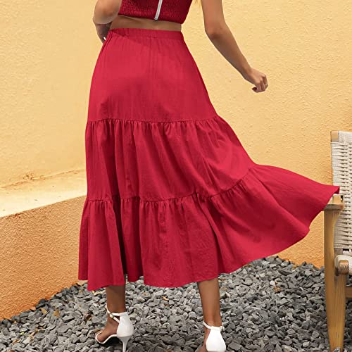 Tenworld Trendy Elastic Swing with Pockets Women's Boho Summer A Line Tiered Beach Pleated Flowy Dress Long Waist Skirt