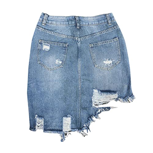Tenworld Womens Denim Skirt Distressed Jeans for Women Side Slit Daily Casual Classic Blue Buttons Pockets Ripped White
