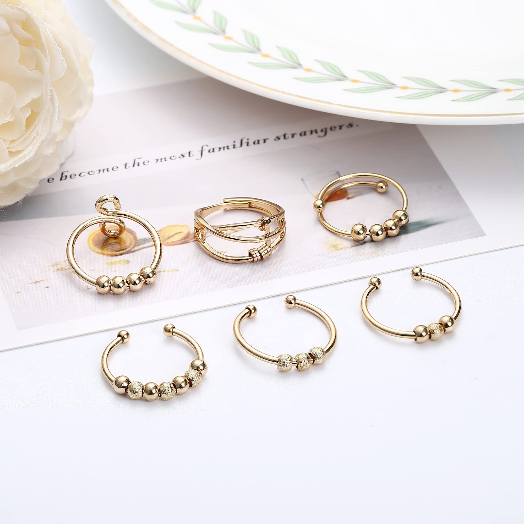 sailimue 6Pcs Anti Fidget Anxiety Rings for Women Adjustable Open Ring Set Spinner Fidget Rings for Anxiety Bead Stress Relief Stackable Rings