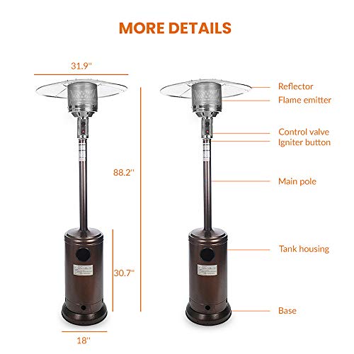 ZIOTHUM 48000 Btu Outdoor Heaters for Patio Propane, Outdoor Heaters for a 15-Foot Diameter Heat Range, Propane Heaters Outdoor with Simple Ignition System, Wheels, Party, Brown