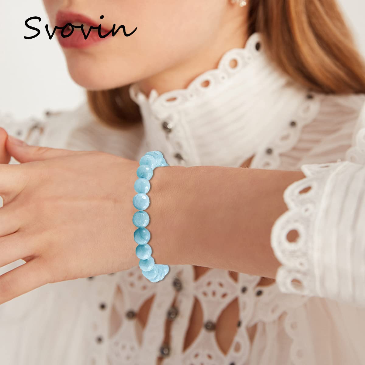 Svovin 12 Pcs 8mm Gemstones Beaded Bracelets for Women Men Stone Bead Healing Stretch Round Bead Crystal Semi-Precious Bracelets Unisex