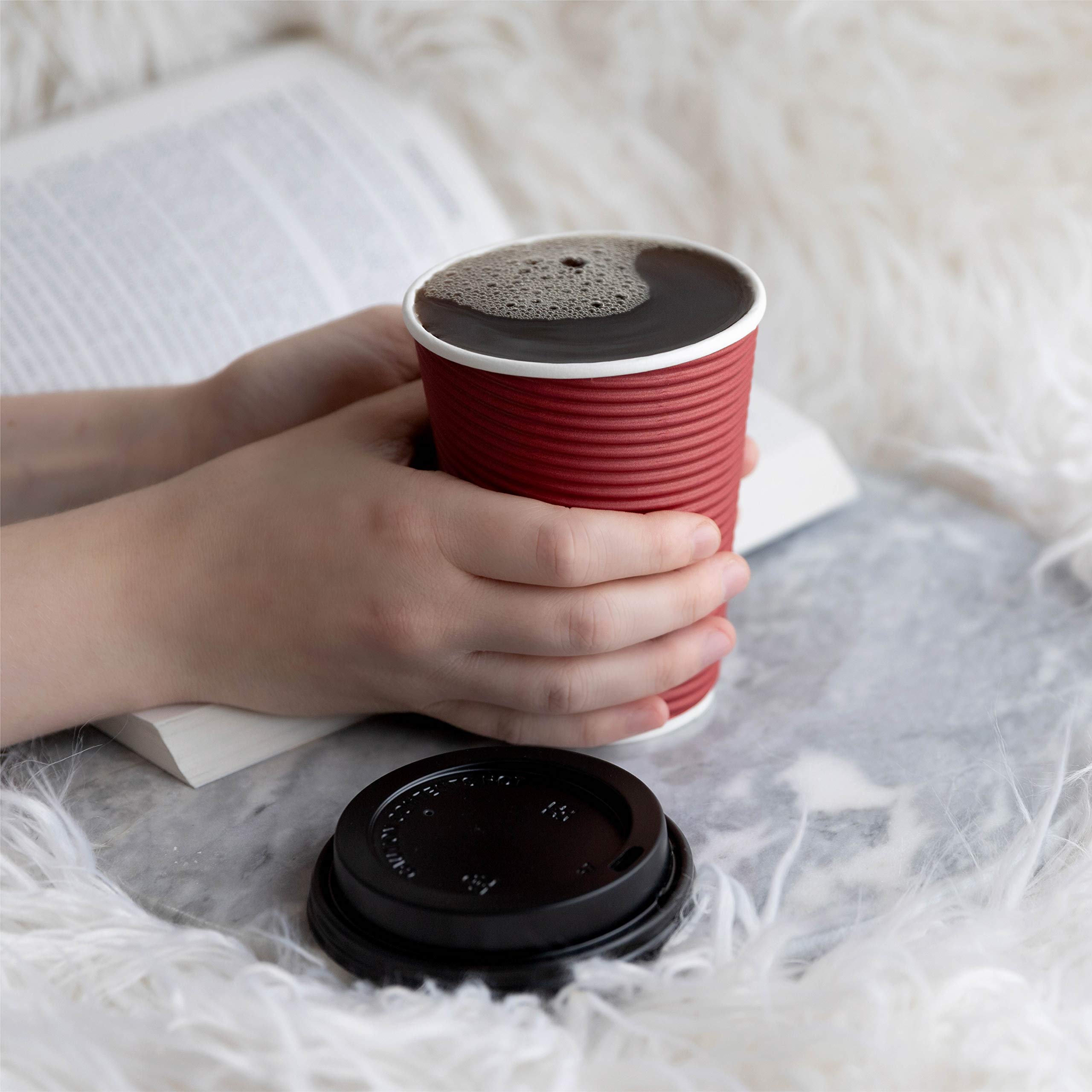 PLASTICPRO [50 Sets - 12 oz.] Insulated Rippled Double Wall Paper Hot Coffee Cups With Lids, Burgundy