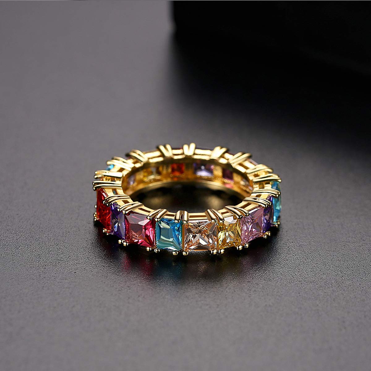 TEEMI-18K Gold Plated Cubic Zirconia Emerald Cut Multicolor Rainbow Eternity Ring Band (8)