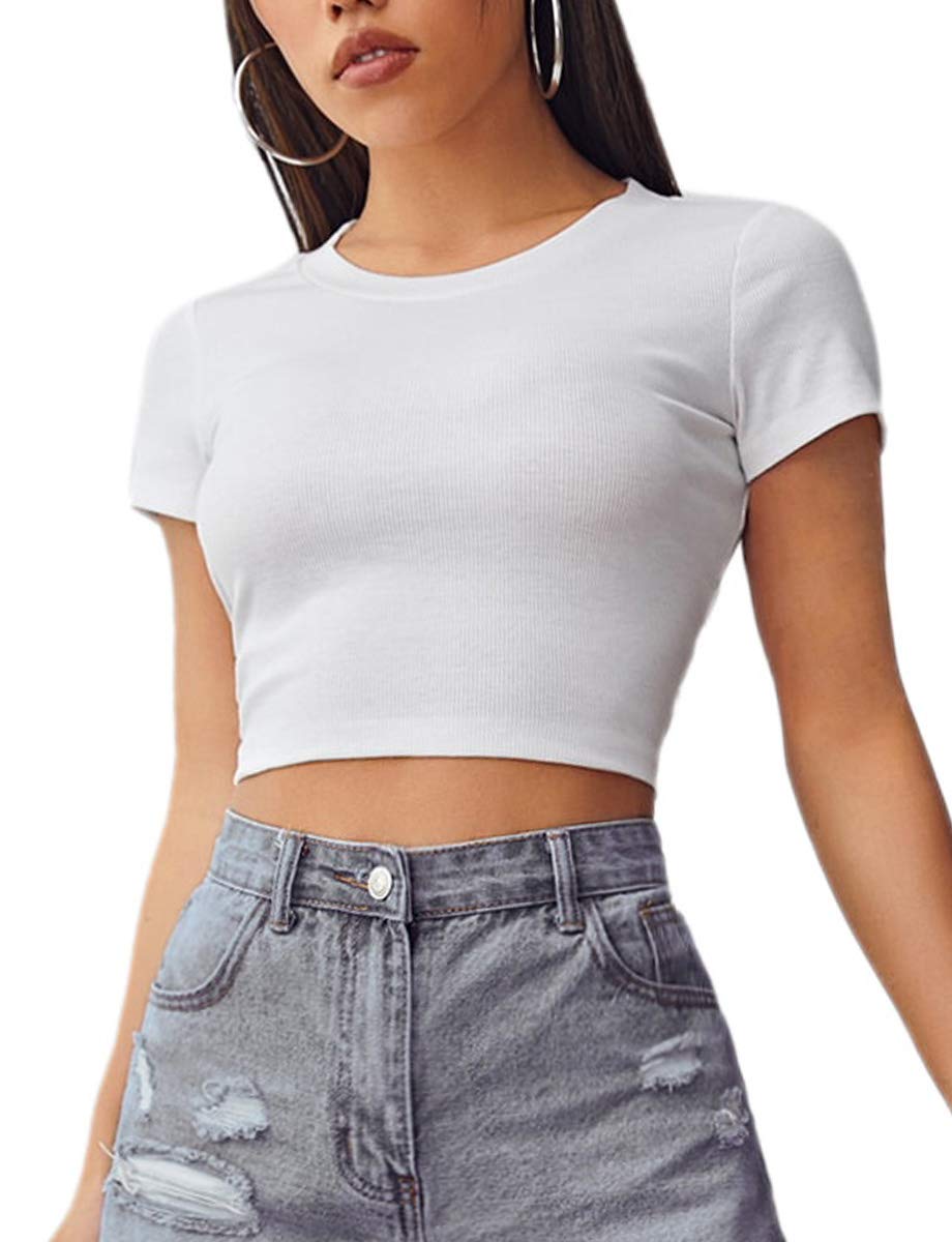 Romwe Women's Casual Summer Crop Top Solid Short Sleeve Workout Crop Blouse Tee T-Shirt White Plain XL