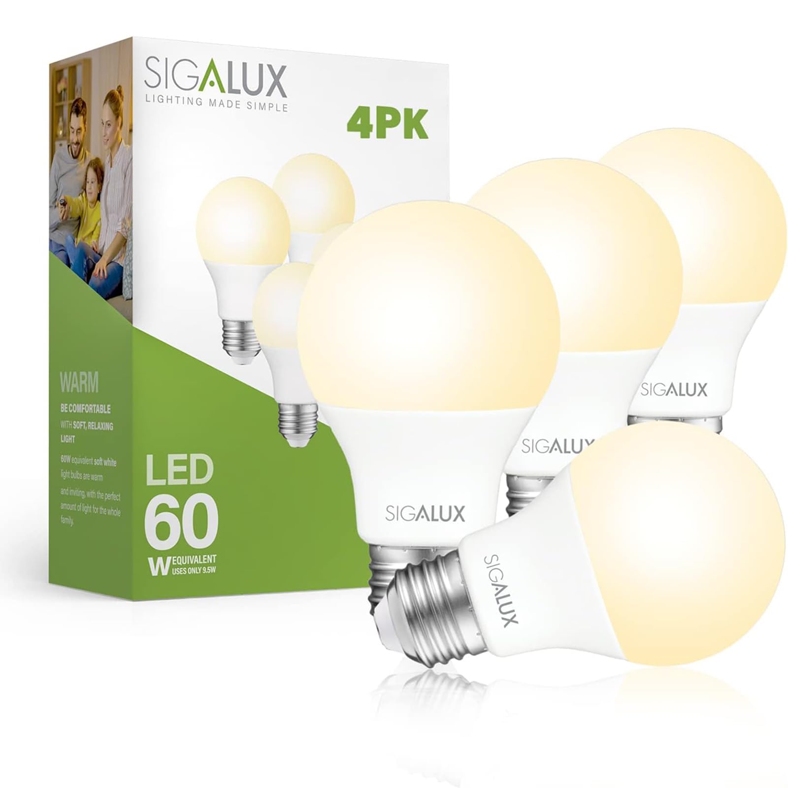 Sigalux A19 LED Light Bulb Energy Star Certified, 75 Watt Equivalent, Dimmable LED Bulb Soft White 2700K 1100LM 11.5W, E26 Standard Led Bulbs, UL Listed, 6 Pack
