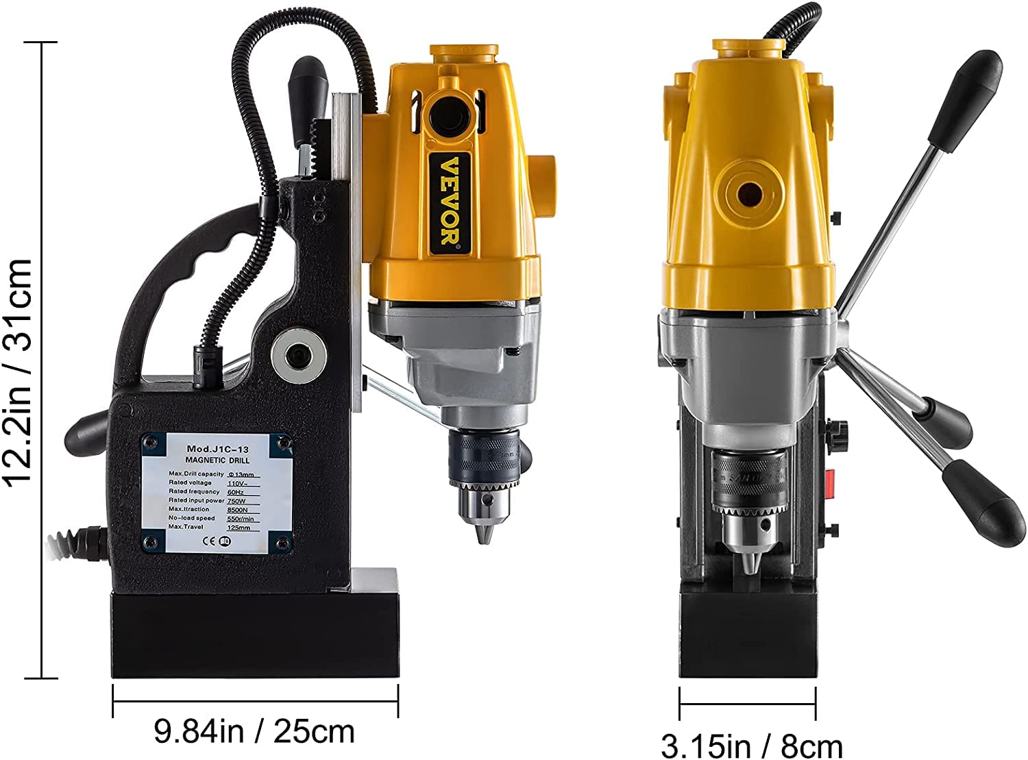 VEVOR Magnetic Drill, 550RPM No-load Speed Electromagnetic Drill Press, 2.16" Depth 1.57" Dia Magnetic Core Drill, 2700LBS Boring Tool Drill Press, w/ 1100W Drill Press, Yellow and Black Drill Machine