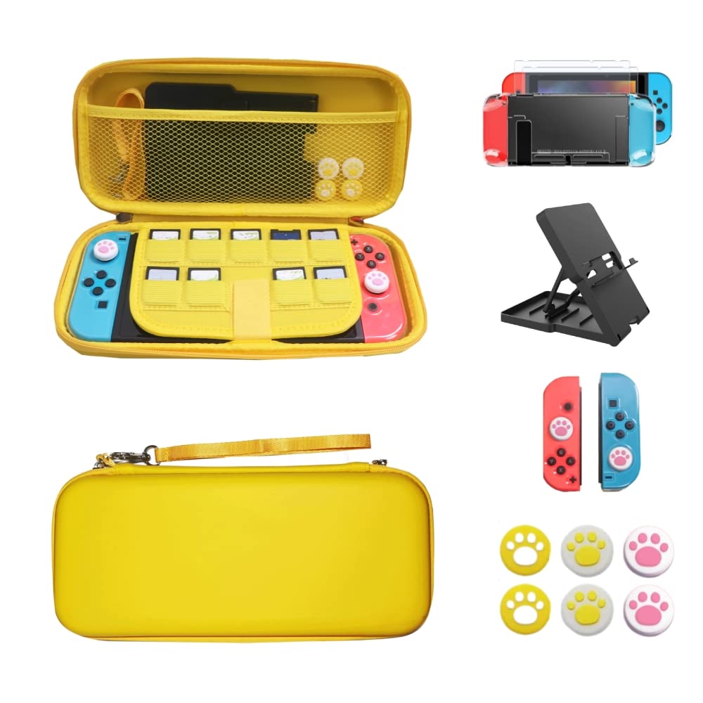 Switch Accessories Bundle, Peniobnm 13 in 1 Switch Accessories Kit Includes Switch Case, Adjustable Stand, 2 Tempered Glass Screen Protectors, Crystal Case for Console, 6 Thumb Grip Caps, Yellow