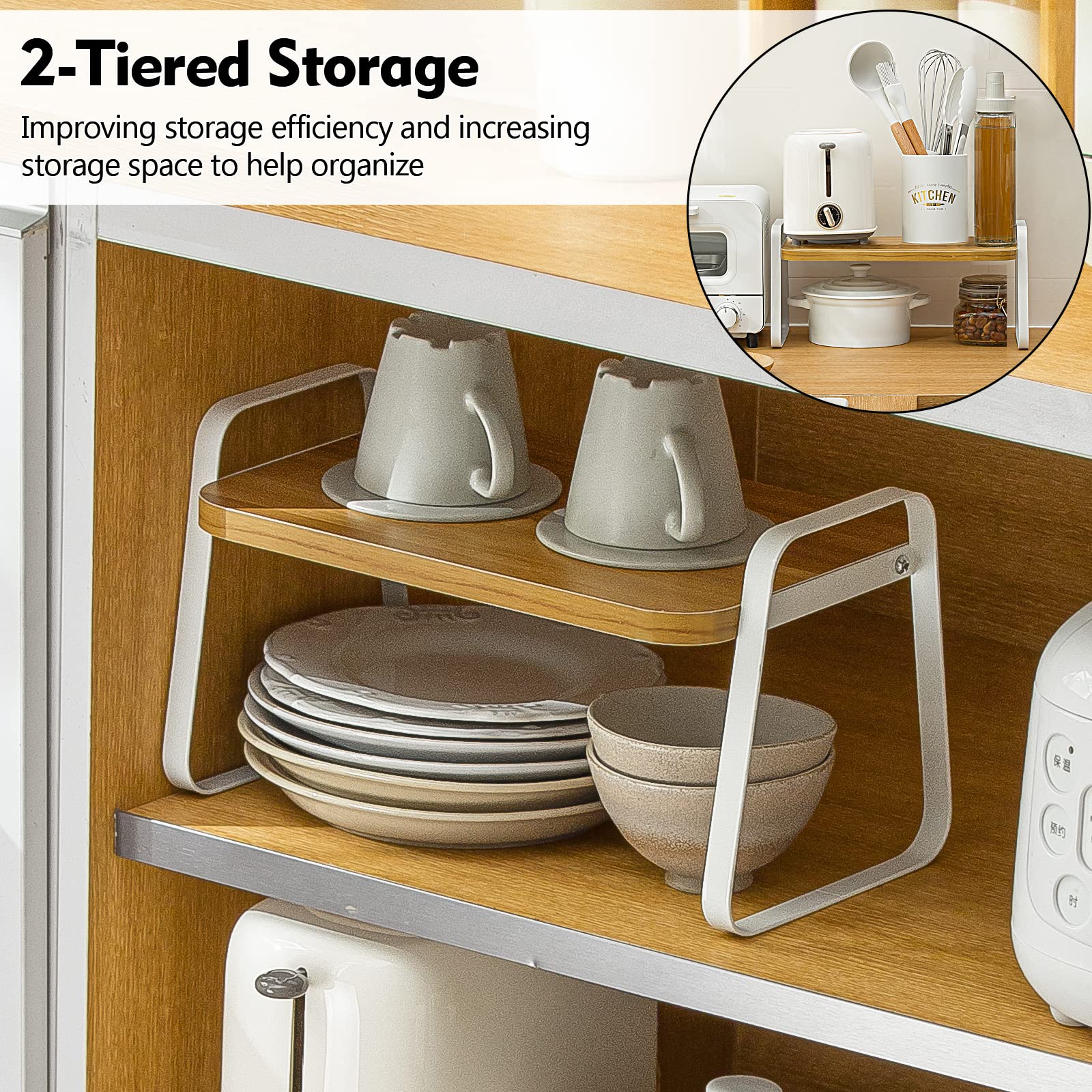 Poeland Kitchen Cabinet Shelf, Bathroom Storage Shelves, Counter Organizer Rack for Kitchen, Bathroom, Office Table, Bedroom, White, Small