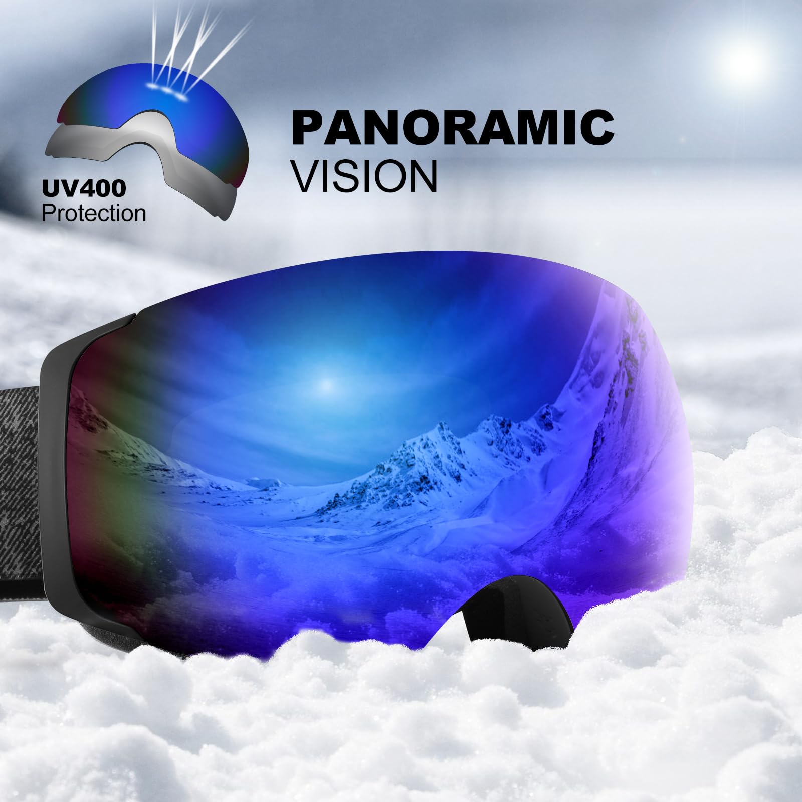 Odoland Magnetic Interchangeable Ski Goggles with 2 Lens, Large Spherical Frameless Snow Snowboard Goggles for Men Women, White Frame Lightblue Lens vlt 12%