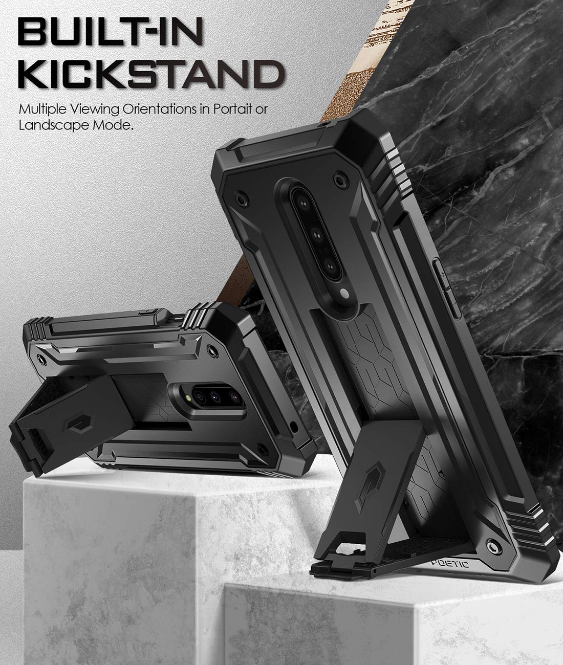 Poetic Revolution Series Designed Case for OnePlus 8 5G UW (Verizon Version), Full-Body Rugged Dual-Layer Shockproof Protective Cover with Kickstand and Built-in-Screen Protector, Black