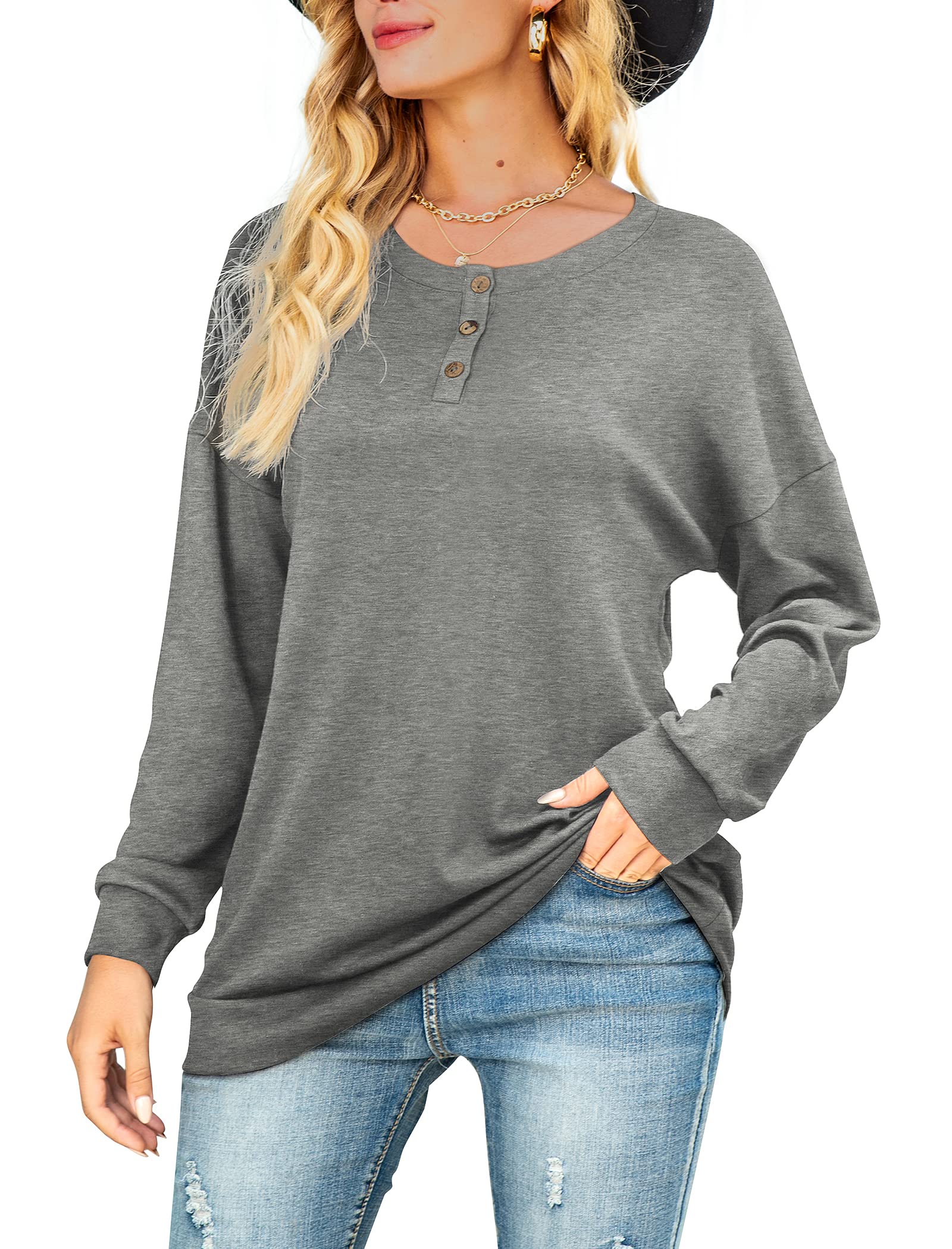 Saloogoe Tunic Sweatshirt for Women Oversized Long Sleeve Shirts Button Casual Tops Grey M