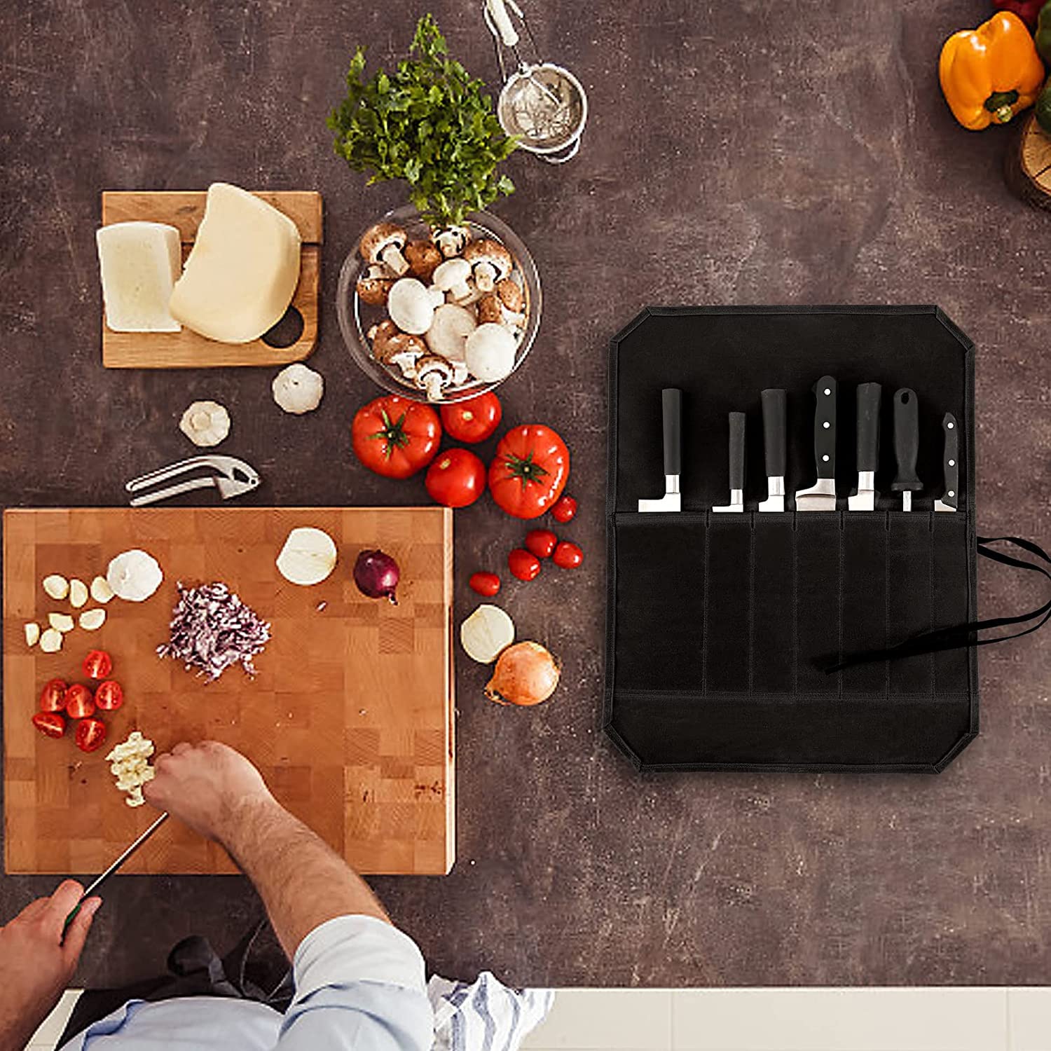 QCWN Waxed Canvas Chef Knife Roll Bag Heavy Duty Knife Roll Case Storage Knife Cutlery Carrier Kitchen Roll Tool Bag Case with 6 Slots Wrapping Strap Best Gift For Cooking Chefs(Black)