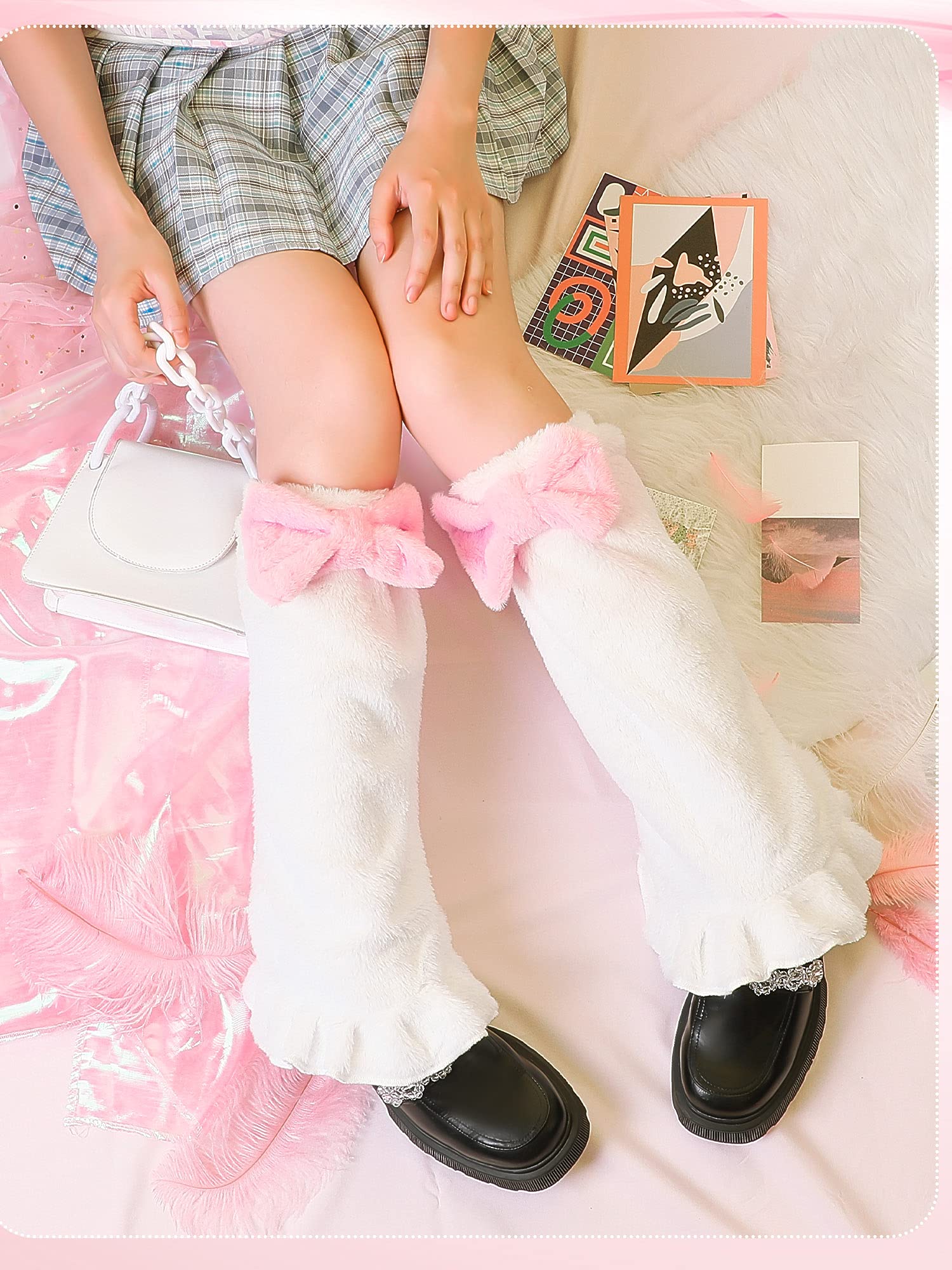 SATINIOR womens Kawaii Leg Warmer Fuzzy Fluffy Bow Cartoon Cosplay Over the Knee Socks, White and Pink, Medium