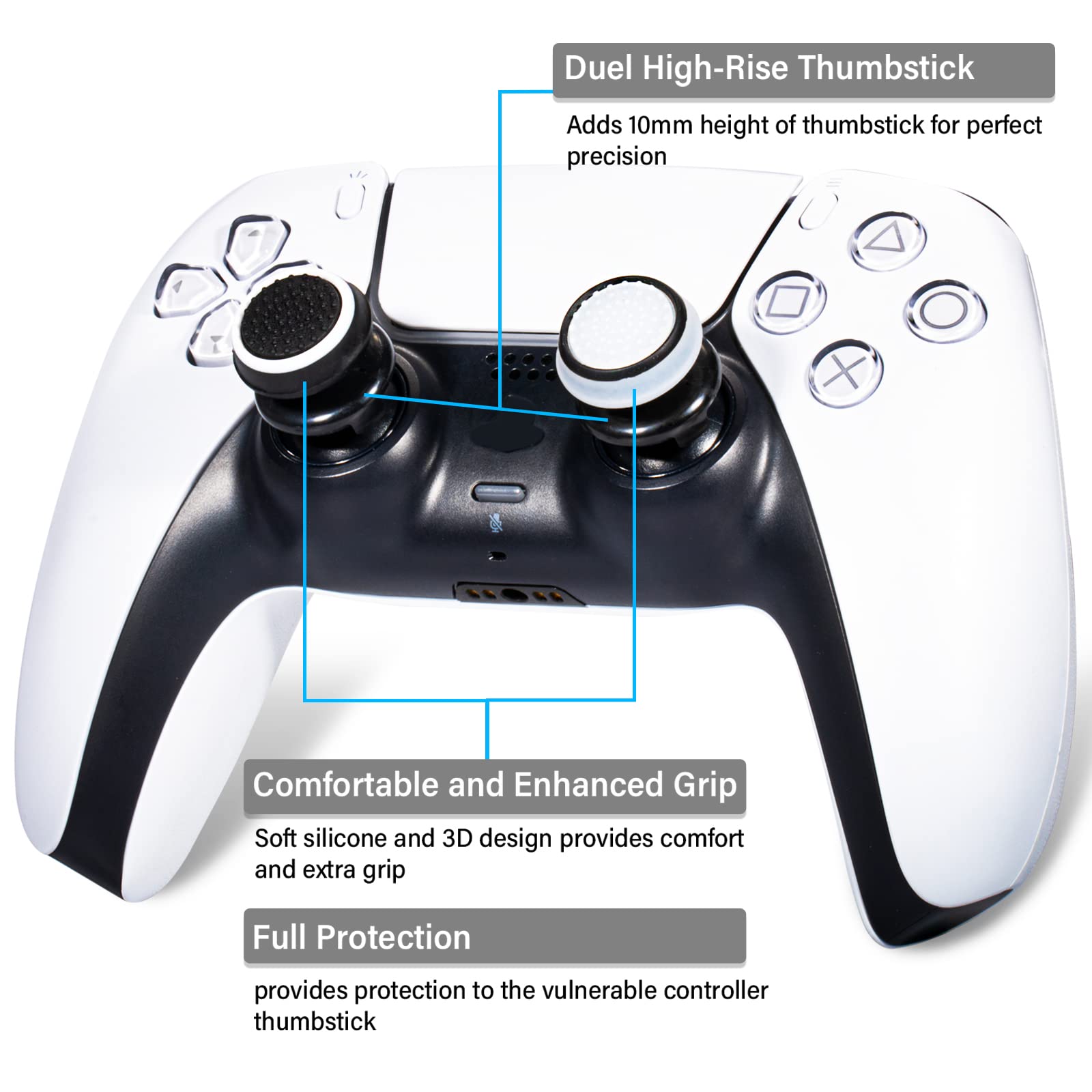 Playrealm FPS Thumbstick Extender & Printing Rubber Silicone Grip Cover 2 Sets for PS5 Dualsenese & PS4 Controller (Black+Clear)