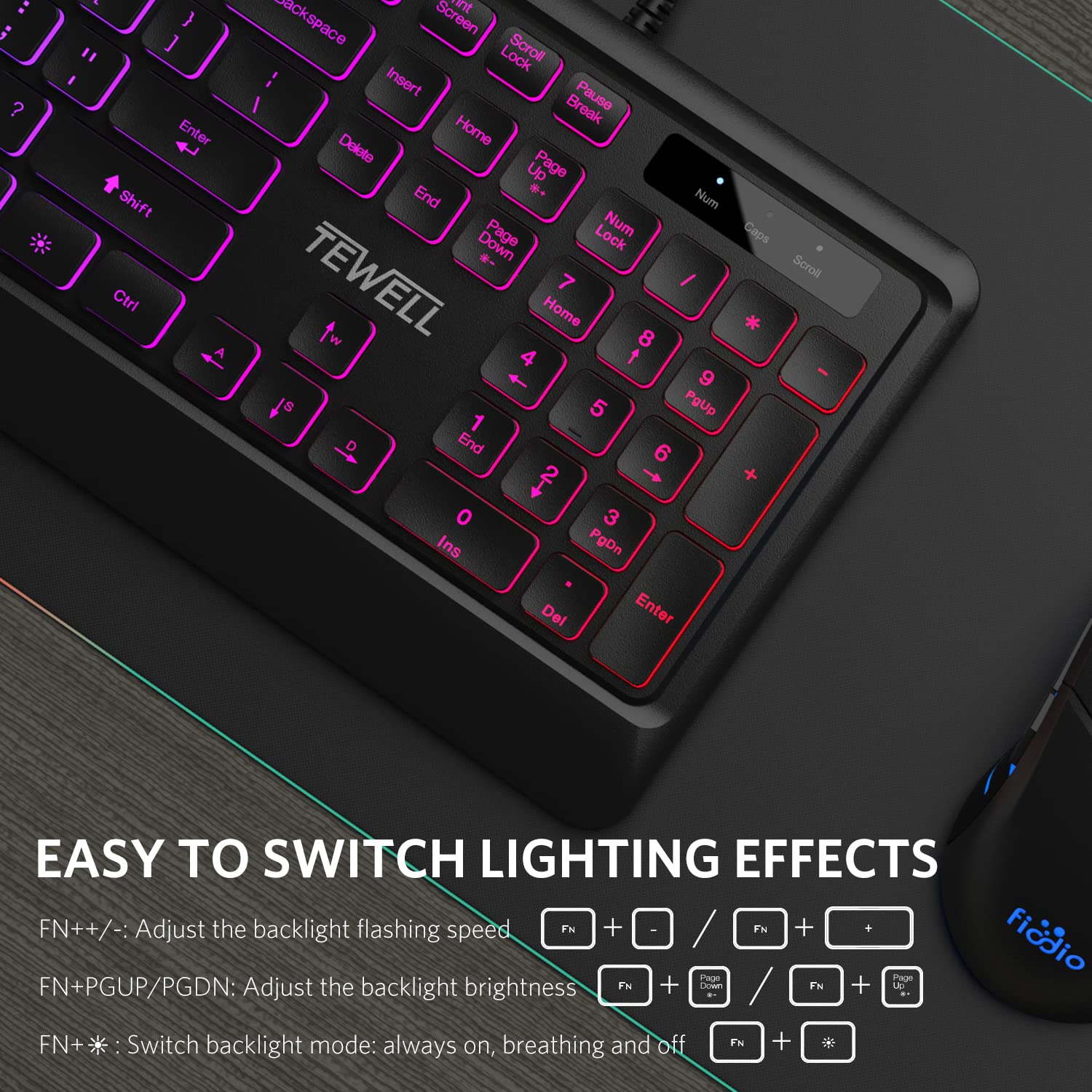 TEWELL Rainbow Membrane Gaming Keyboard, 104 Silent & 26 Anti-Ghosting Keys Wired Computer Keyboard for PC and Desktop