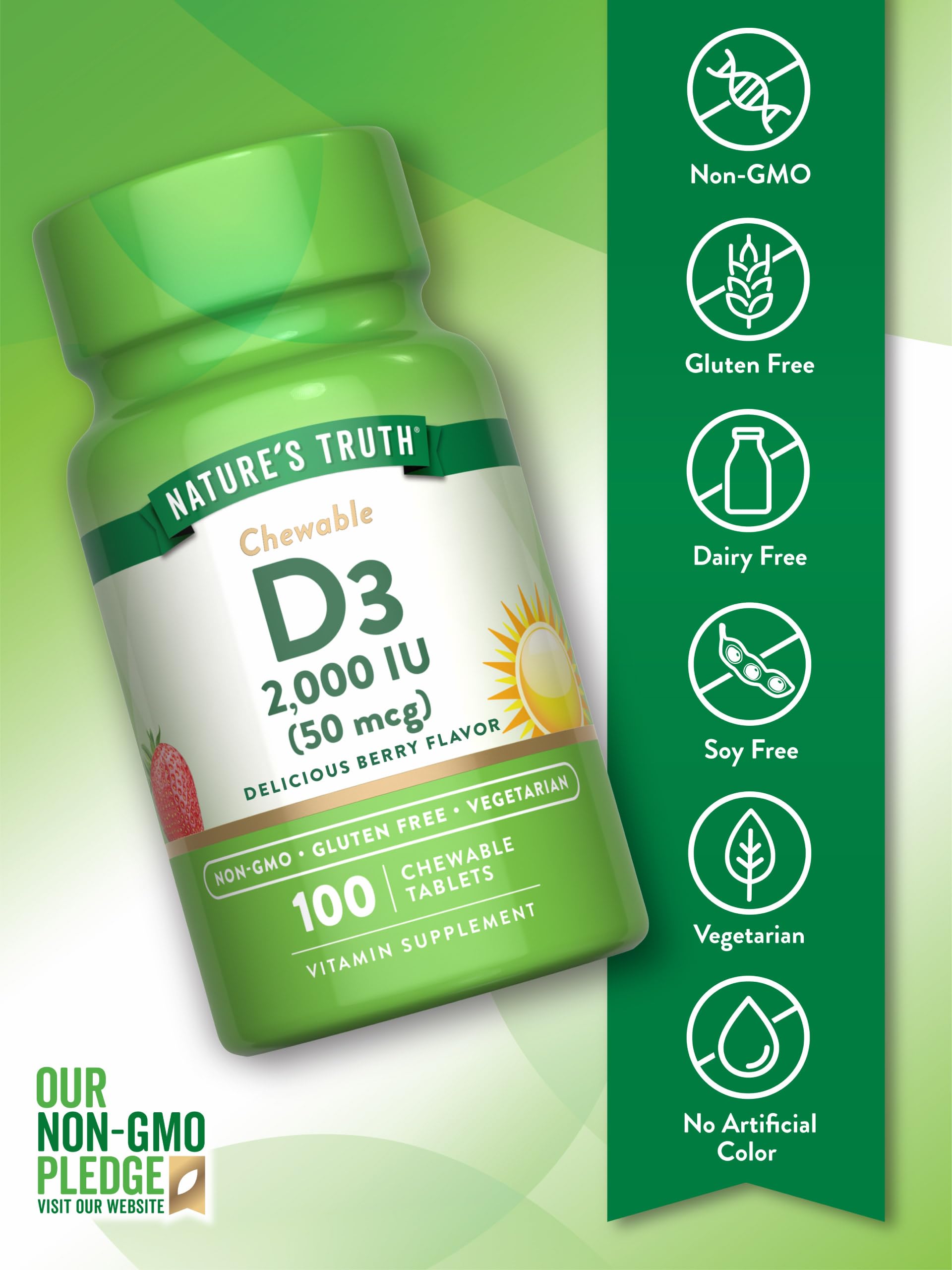 Nature's Truth Chewable Vitamin D3 2,000 IU | 100 Tablets | Berry Flavor | Vegetarian, Non-GMO, & Gluten Free Supplement