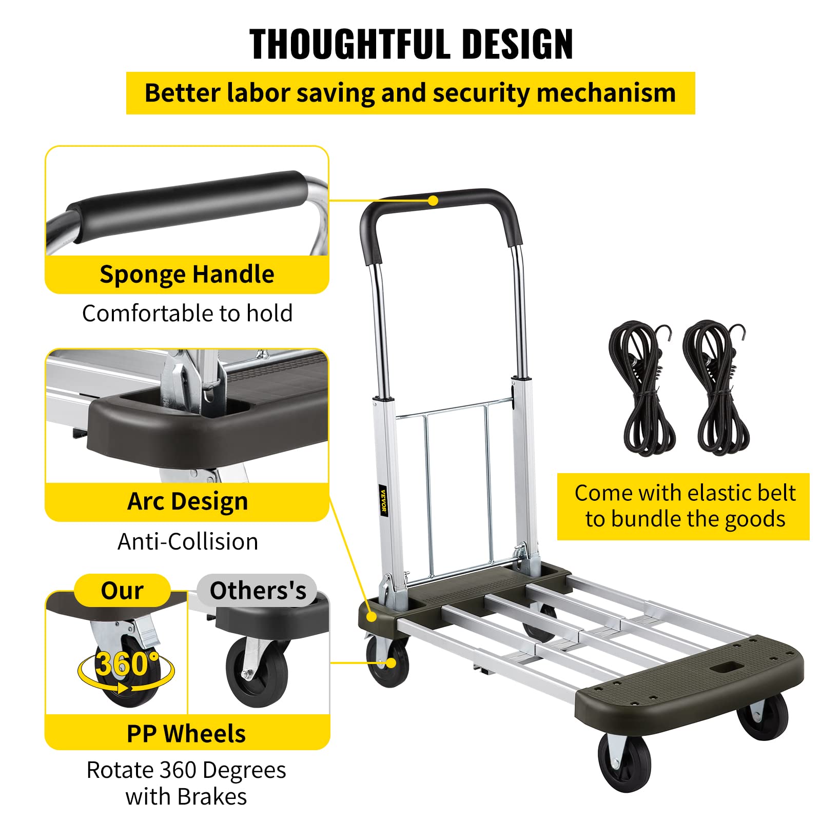 VEVOR Platform Truck Foldable,Compact Push Cart Adjustable Length, Aluminum Folding Cart Telescoping Handle with 4 Wheels ,330 LBS Capacity
