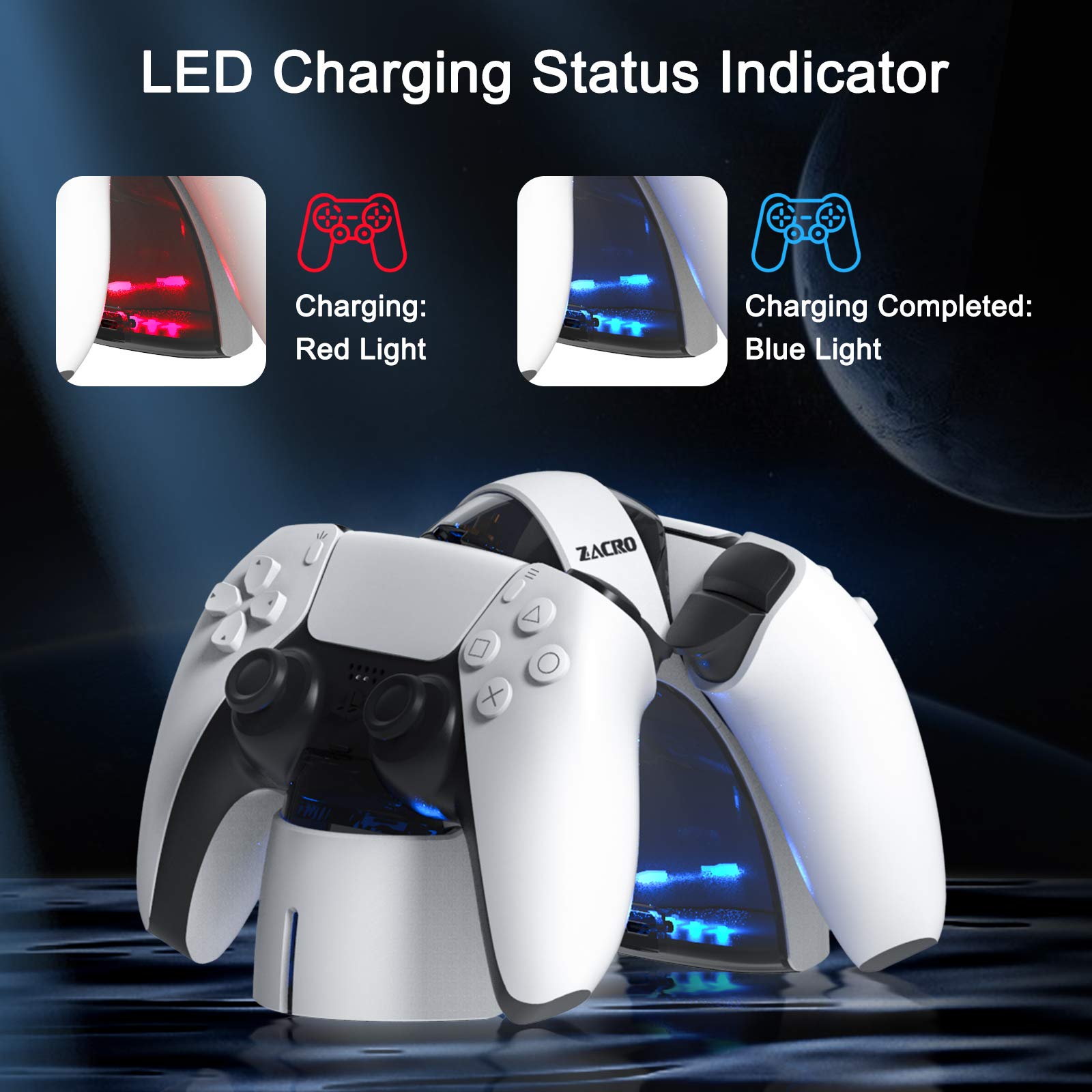 PS5 Controller Charger, Zacro PS5 Charger Dual USB Fast Charging for Sony Playstation 5/PS5 Controller, Controller Charger Dock Station with LED Indicator, White