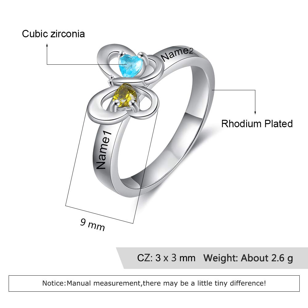 Personalized Butterfly Ring with 2 Names Engraved 2 Heart Simulated Birthstones for Women BFF Anniversary Rings Mom Daughter Ring Personalized (Size 9)