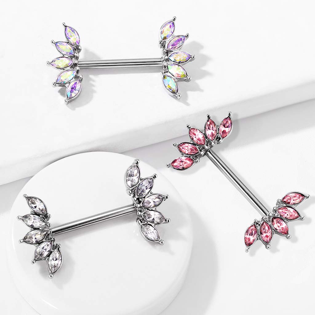 PIERCE ME (2Pcs) Shiny 5 Marquise Crystals Fan Ends Nipple Barbell Rings (Clear)