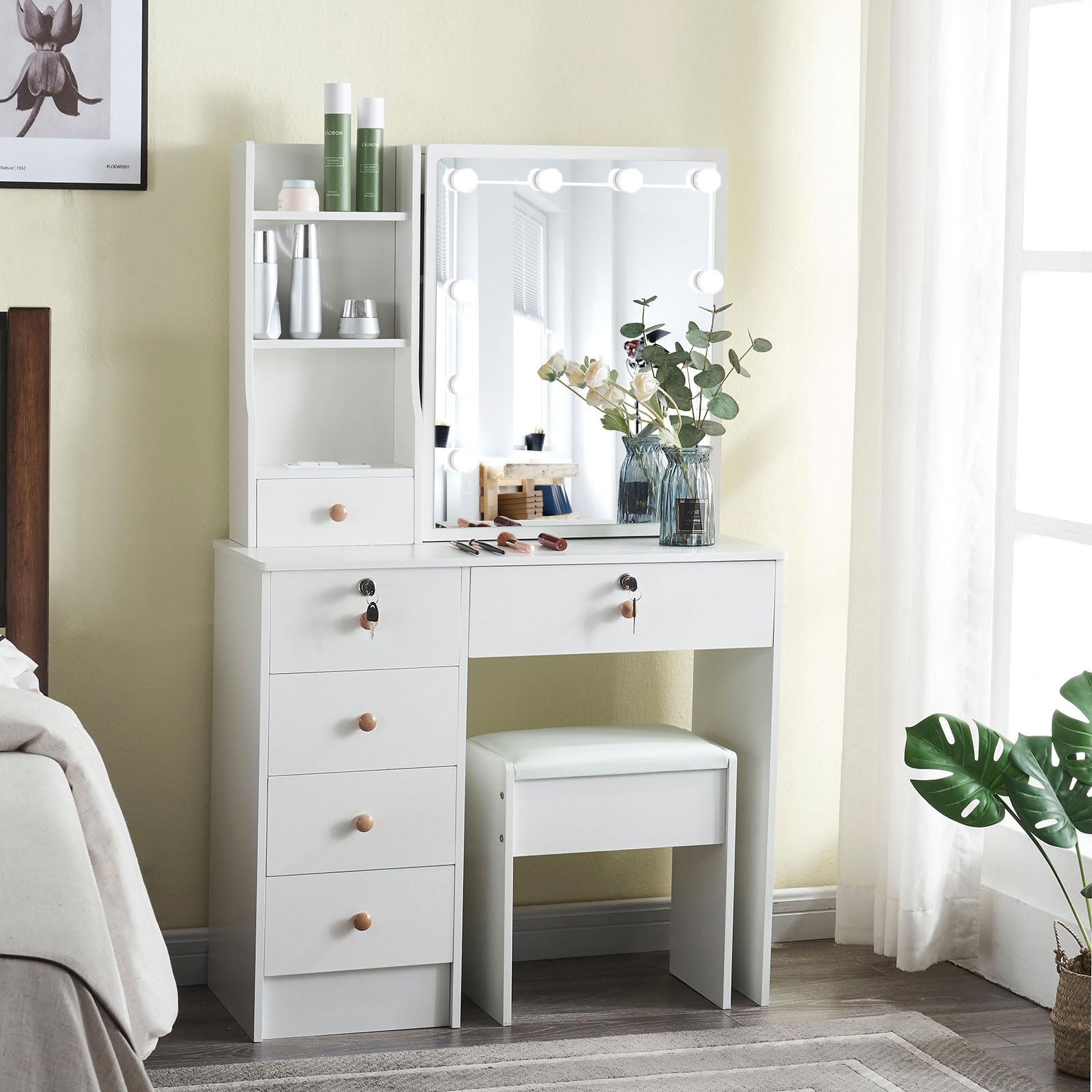 Lucaseone Makeup Vanity Table with Lights Mirror, Vanity Desk Set with Sliding Mirror and 5 Drawers,Storage Shelves for Bedroom (71205)