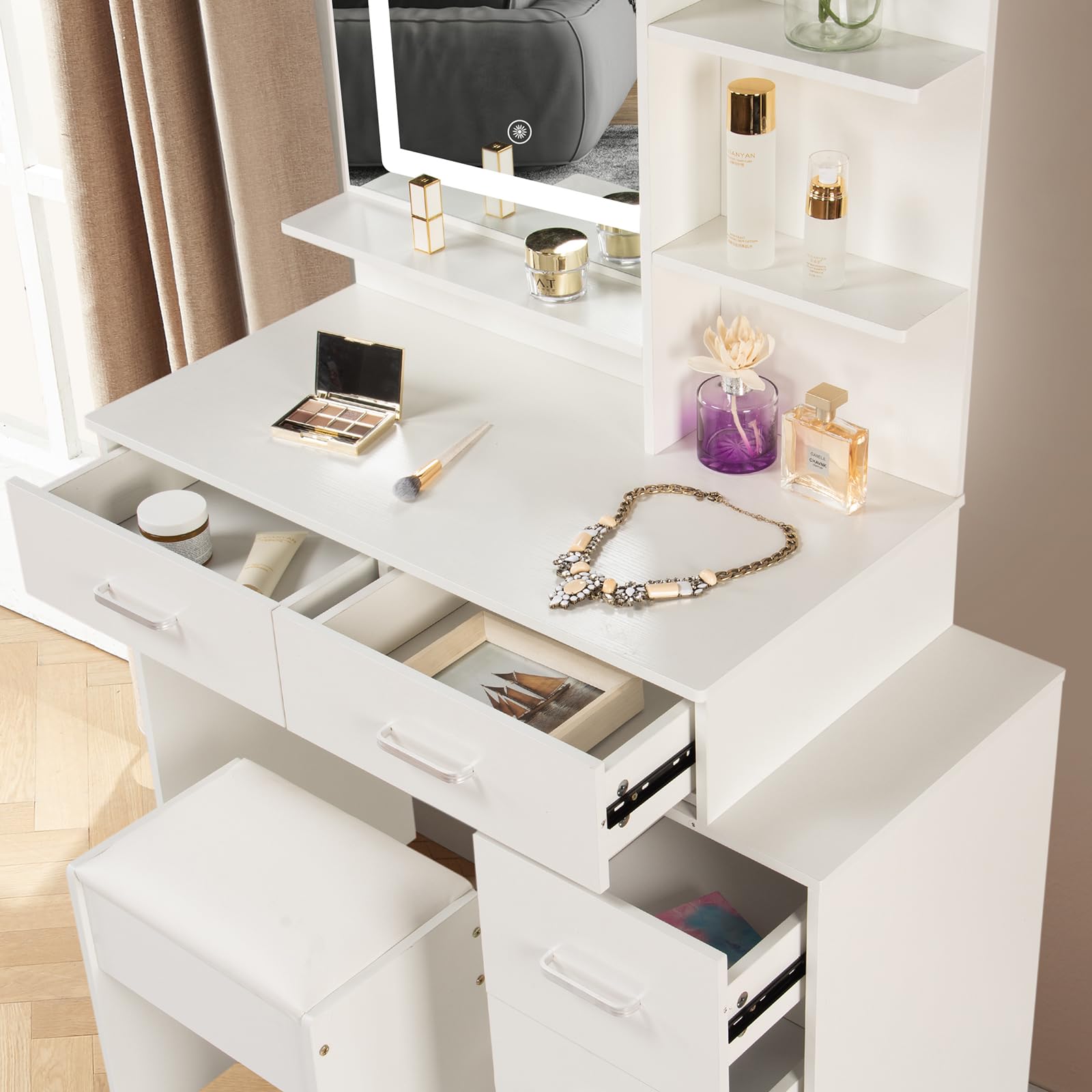 Lucaseone Vanity Table with Lighted Mirror, Makeup Vanity with Lights and Drawers, Vanity Desk Dressing Table with Cushioned Stool for Bedroom (3080 LED White)