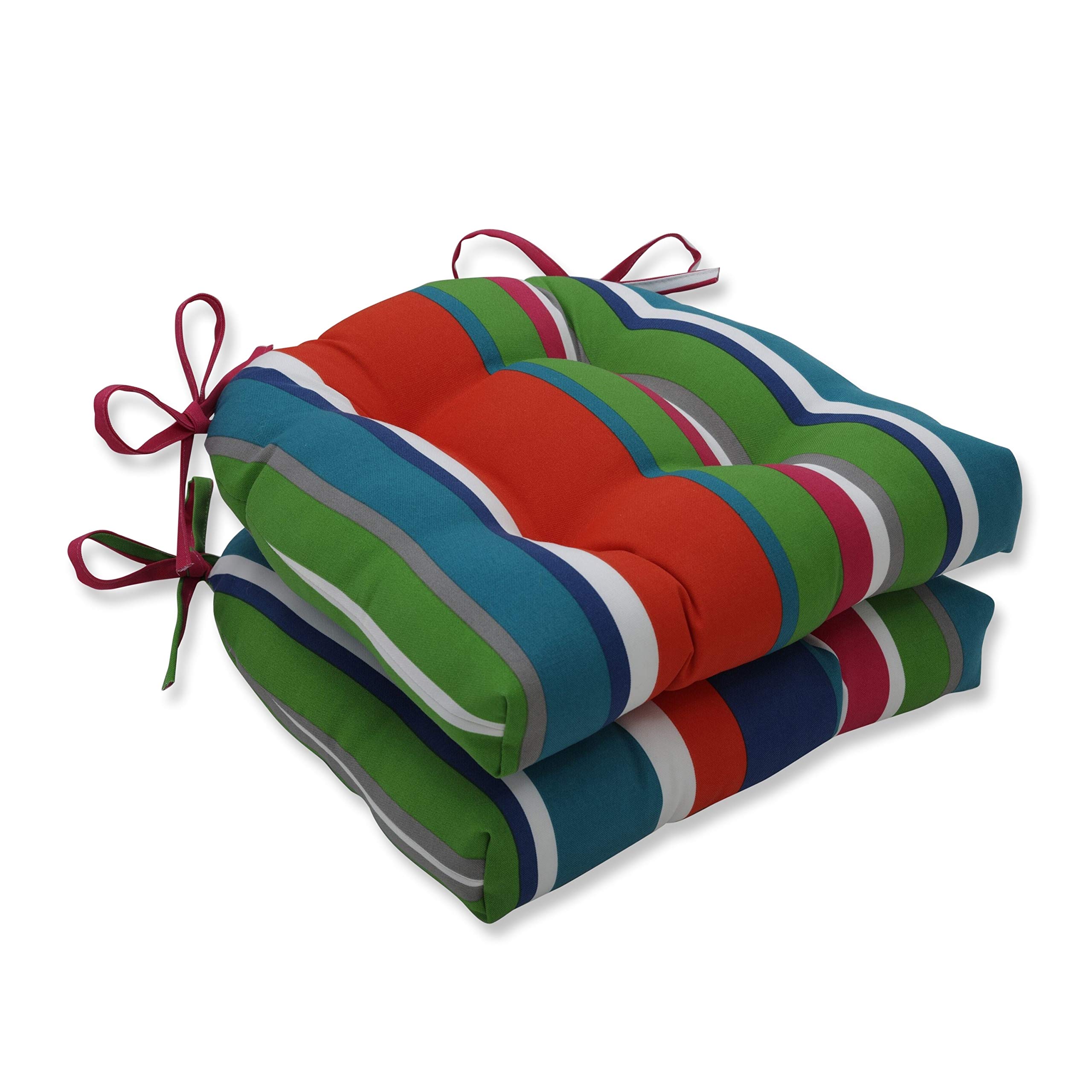 Pillow Perfect Stripe Indoor/Outdoor Chairpad with Ties, Reversible, Tufted, Weather, and Fade Resistant, 15.5" x 16", Blue/Green St. Lucia, 2 Count