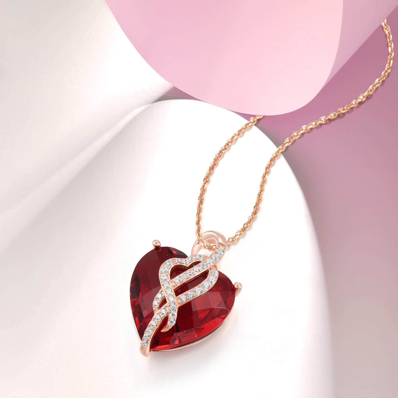Santuzza Heart Shape Pendant 14K Rose Gold Plated Sterling Silver Red Glass Cubic Zirconia Love Heart Pattern Pendant for Women