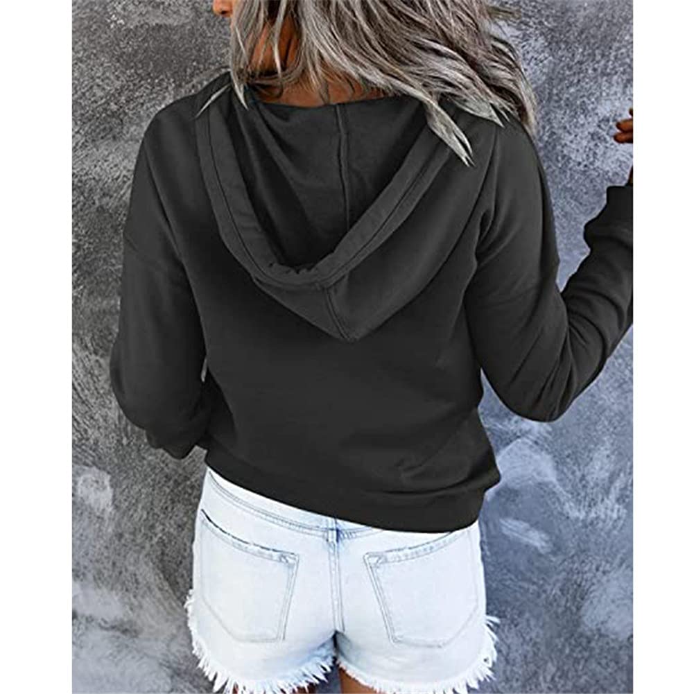 ROWAI Women's Casual Pullover Hoodies Button Down Drawstring Long Sleeve Sweatshirts Fall Tops With Pockets Black L