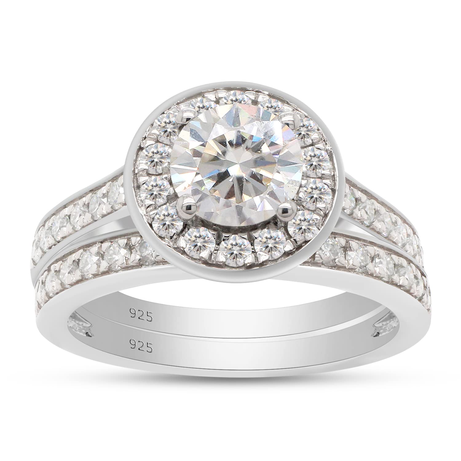 SAVEARTH DIAMONDS 14K White Gold Over Sterling Silver 1 3/4 Carat 6.5MM G-H Color Moissanite Lab Created Diamond Halo Engagement Wedding Ring Set 2 Pieces (1.75 Cttw) Ring Size-8