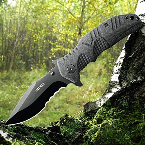 TACTIMAN Pocket Folding Knife Survival Gear Tactical Knife with Liner Lock Stainless Steel Blade in Black Oxidation G10 Handle Reversible Pocket Clip Gifts for Men Dad Husband