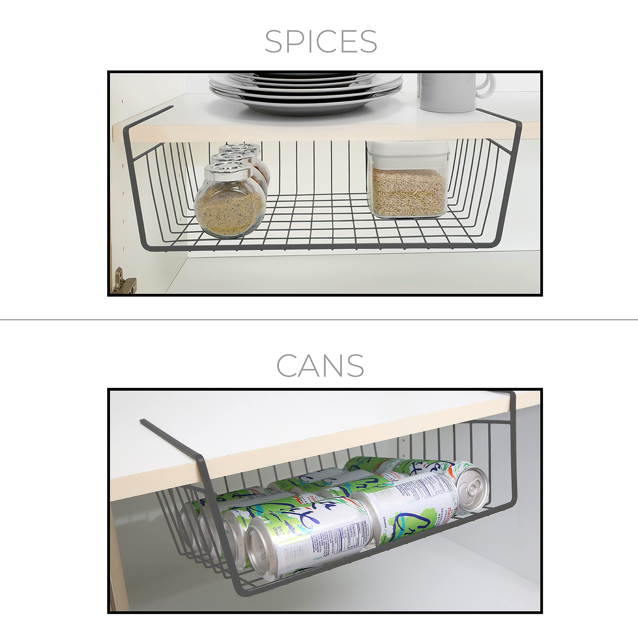 Smart Design Undershelf Storage Basket - Medium - Snug Fit Arms - Steel Metal Wire - Rust Resistant - Under Shelves, Cabinet, Pantry, and Shelf Organization - 16 x 5.5 Inch - Charcoal Gray