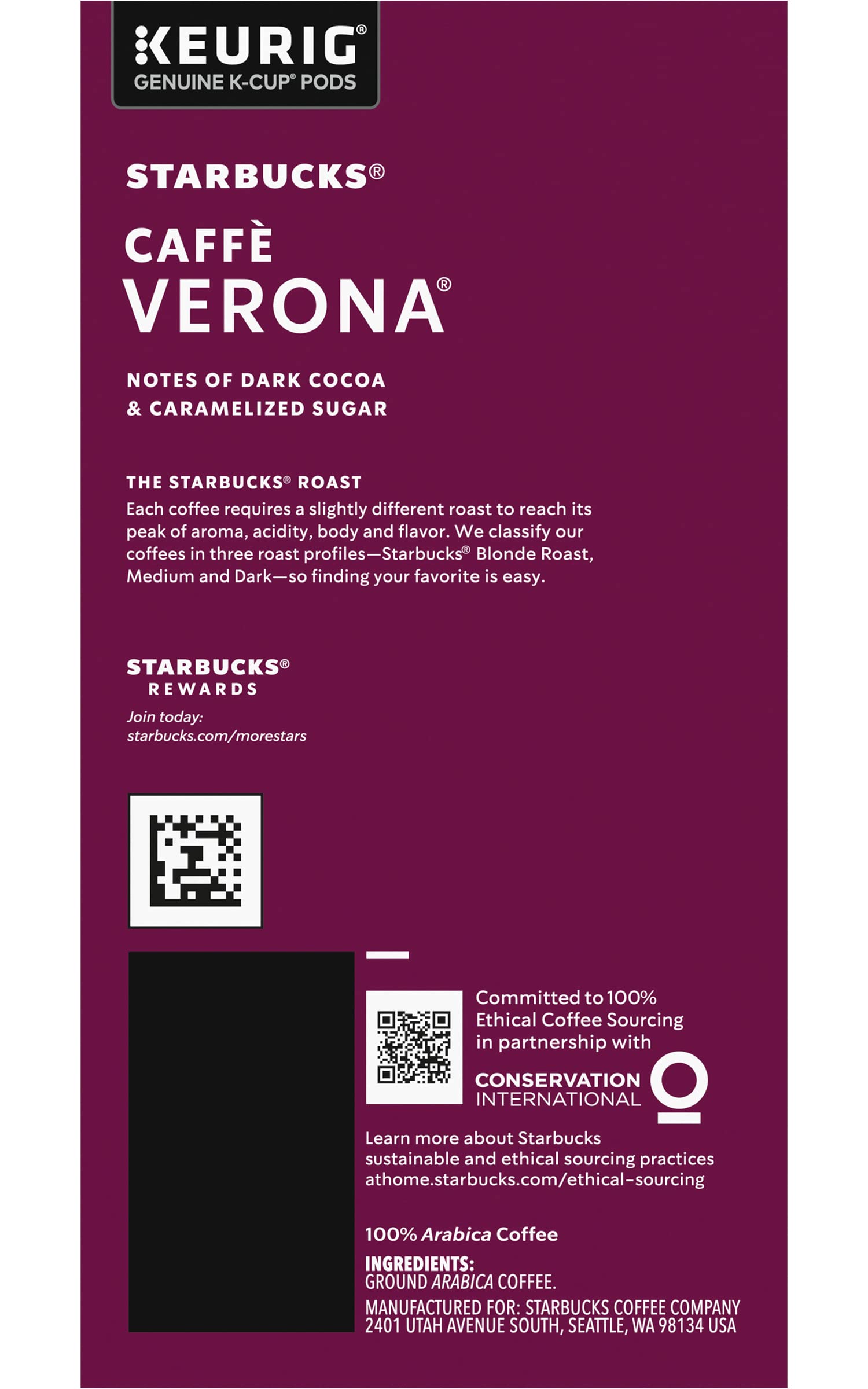 Starbucks Coffee K-Cup Pods, Caffè Verona, Dark Roast Coffee, Notes of Dark Cocoa & Caramelized Sugar, Keurig Genuine K-Cup Pods, 24 CT K-Cups/Box (Pack of 2 Boxes)