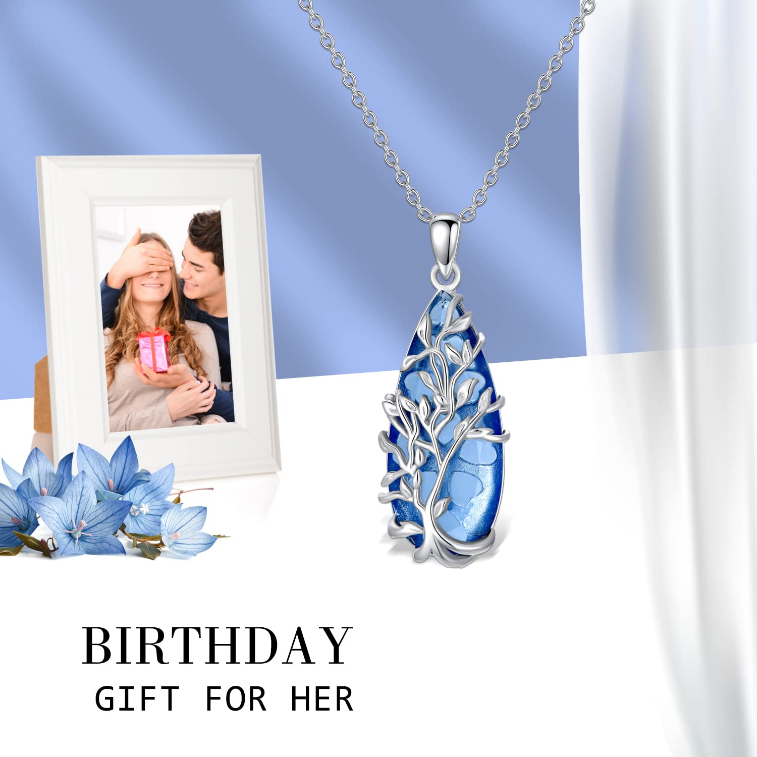 Tree Of Life Aquamarine Necklace 925 Sterling Silver March Birthstone Necklace