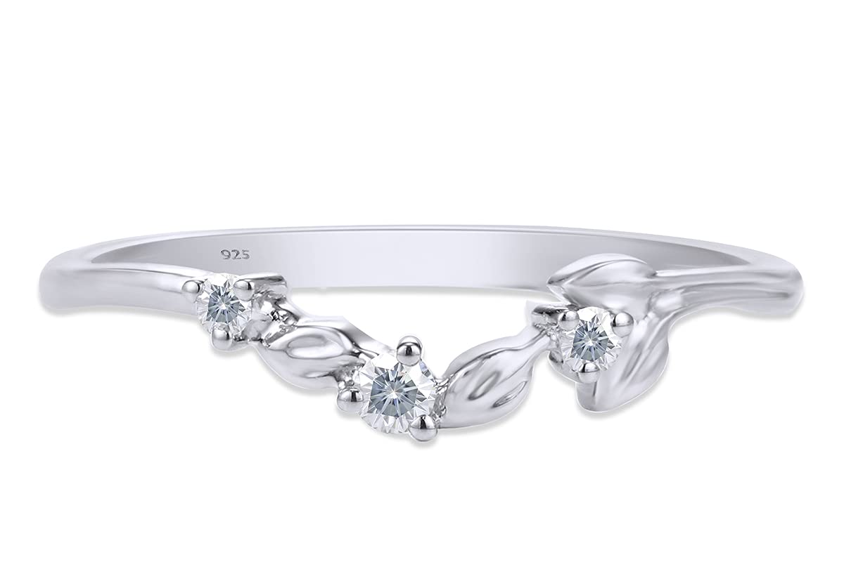 SAVEARTH DIAMONDS Leaf Design, 1/10 Carat Round Cut Moissanite Lab Created Diamond Art Deco Wedding Band Enhancer Ring In 14k White Gold Over Sterling Silver Jewelry For Women (0.10 Cttw) Size -7