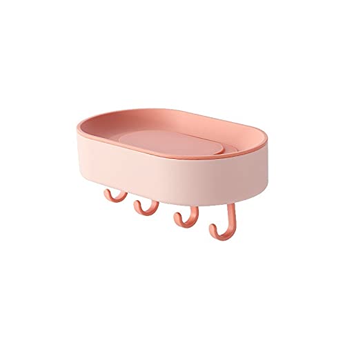 PLMM soap Box, Wall Mounted Soap Holder Box Door Soap Dish for Bathroom Products Tray Portable with Suction Cup Solid Drain Water Plates (Color : Pink)