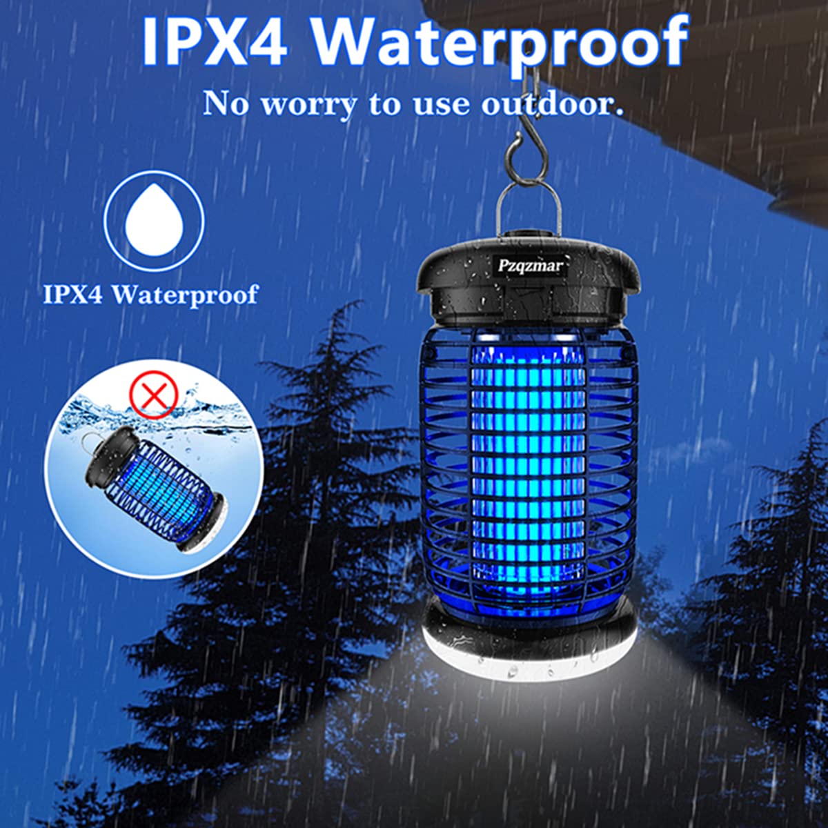 Pzqzmar Bug Zapper Outdoor with LED Light, Waterproof Mosquito Zapper, Electric Fly Zapper, Mosquito Killer & Fly Traps for Outside, Patio, Porch, Backyard, Garden