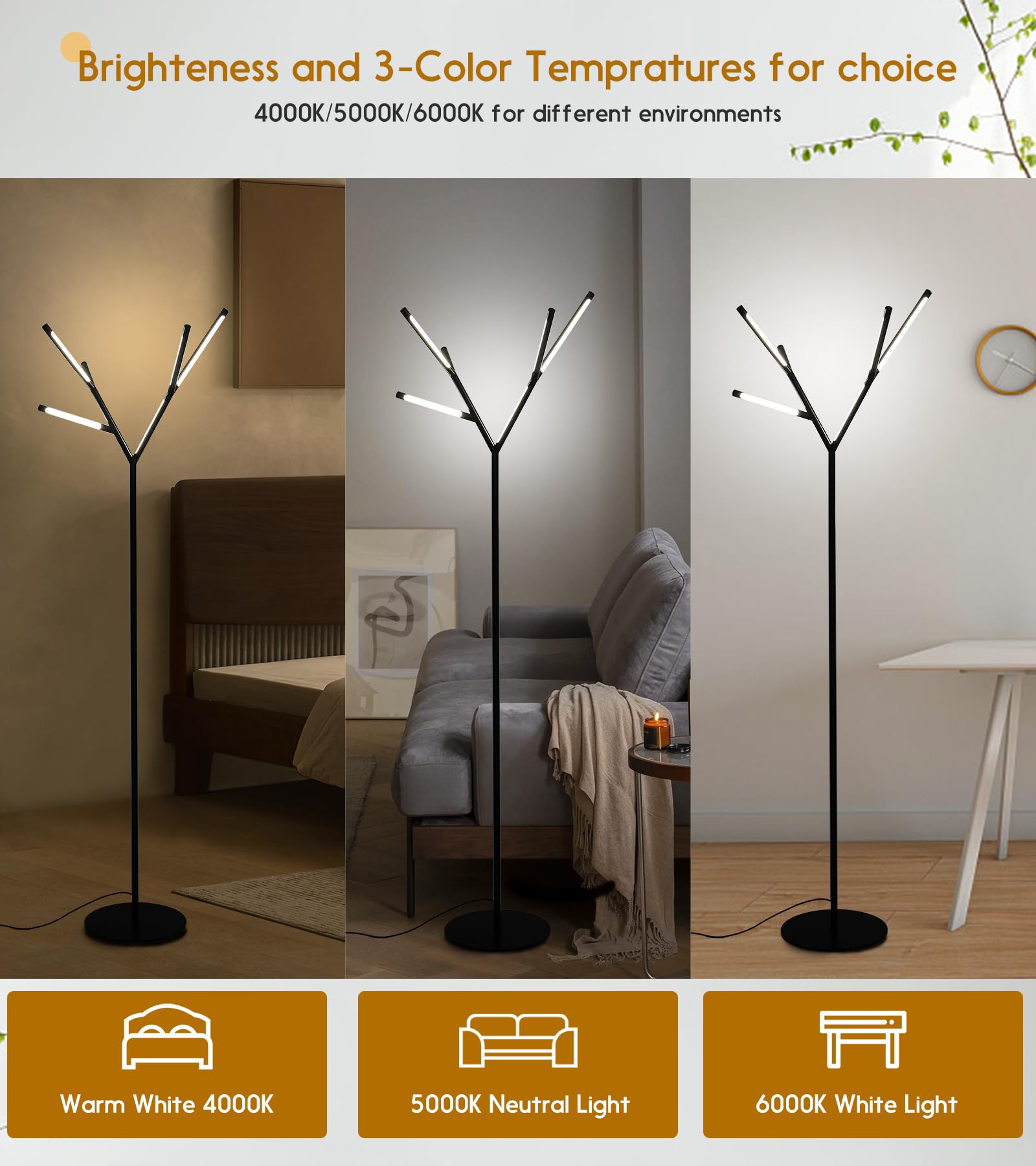 Q&S Led Floor Lamp,Black Modern Industrial Contemporary Corner Floor Lamp Tall Tree Bright Reading Standing Lighting for Bedroom Living Room Office