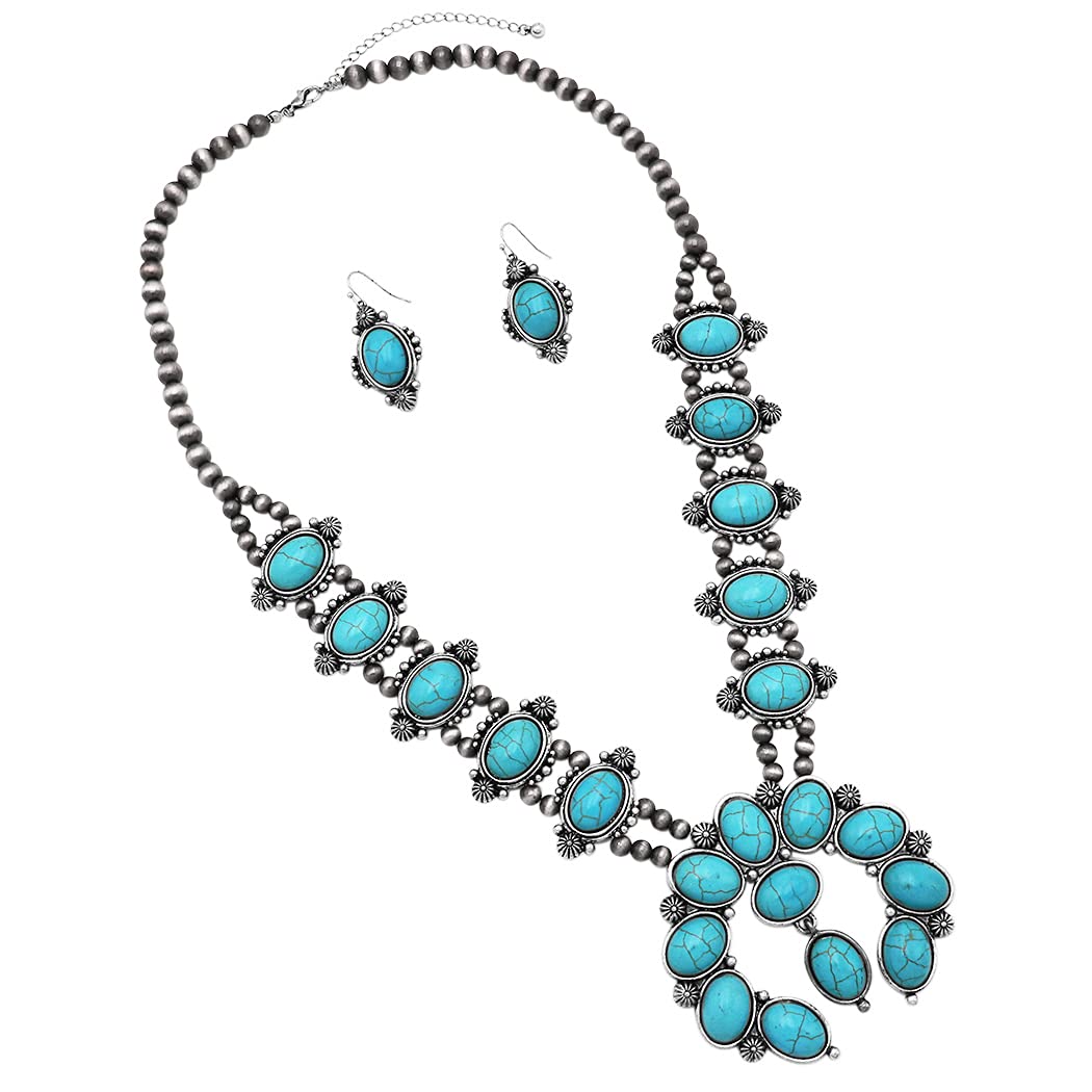 Rosemarie & Jubalee Women's Gorgeous Statement South Western Natural Semi Precious Howlite Squash Blossom Necklace Earrings Set, 27"-30" with 3" Extension (Turquoise Blue)