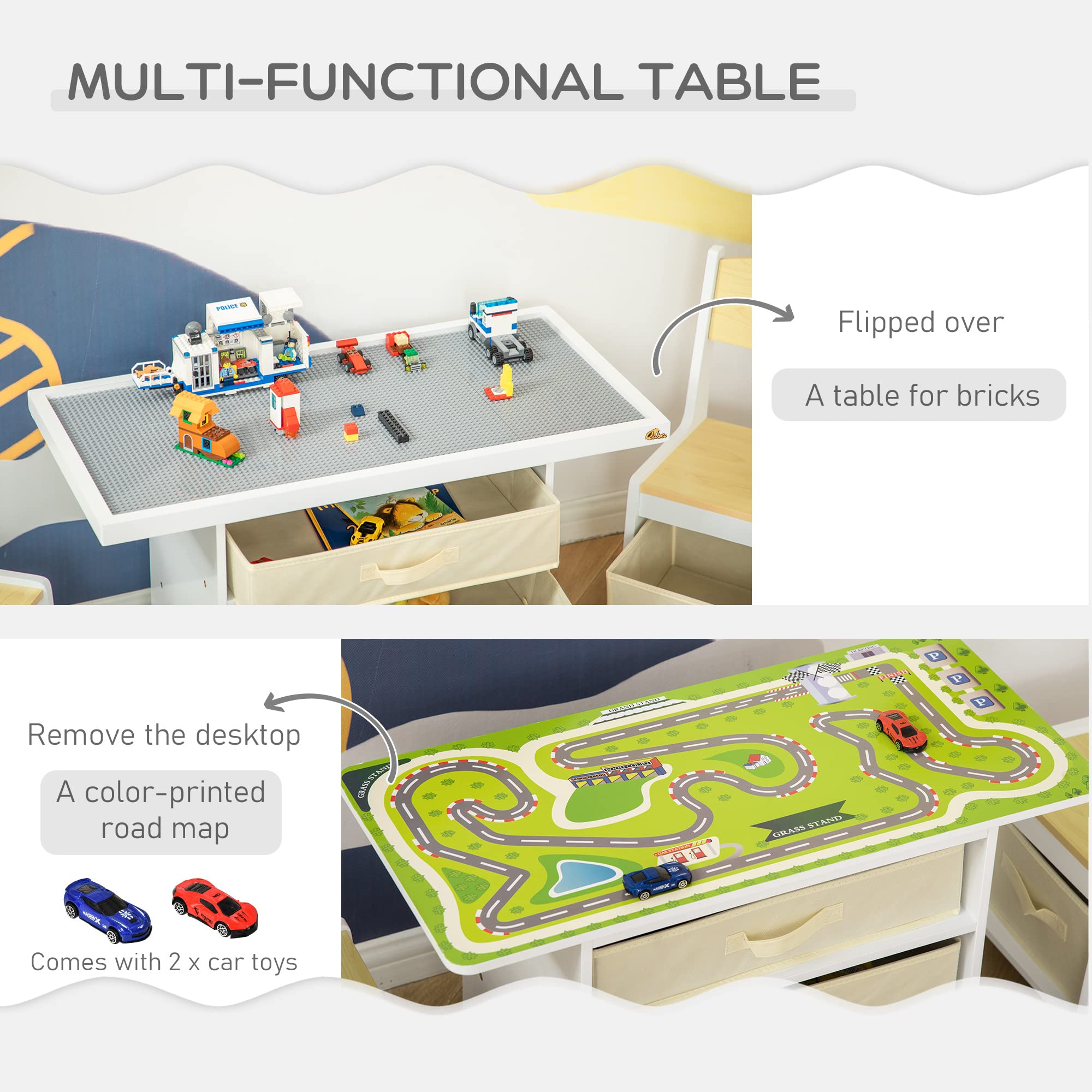 Qaba 3-in-1 Kids Activity Table and Chairs Set with 3 Surfaces Including Kids Drawing Table, Kids Building Blocks Table, Road Map with 2 Cars, Storage Baskets for Preschool Children